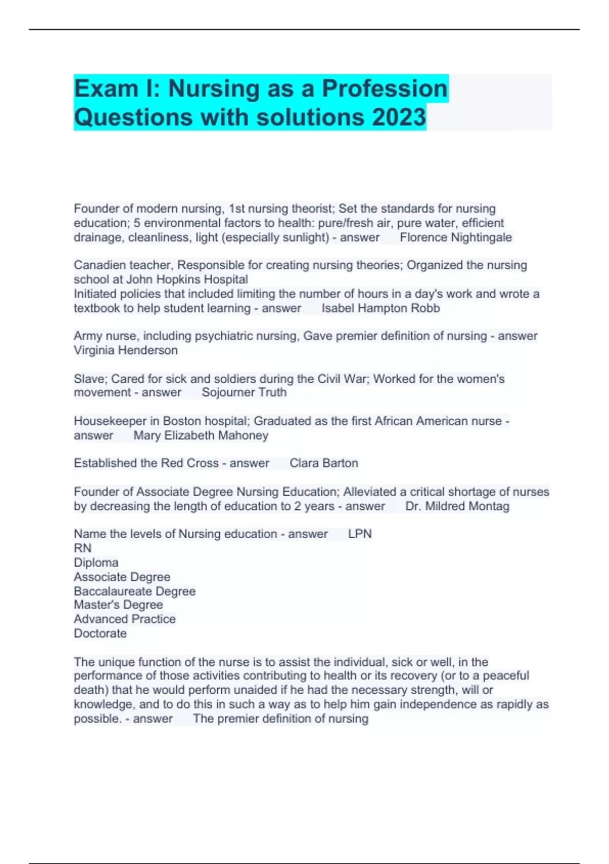 Exam I: Nursing as a Profession Questions with solutions 2023 - Nursing ...