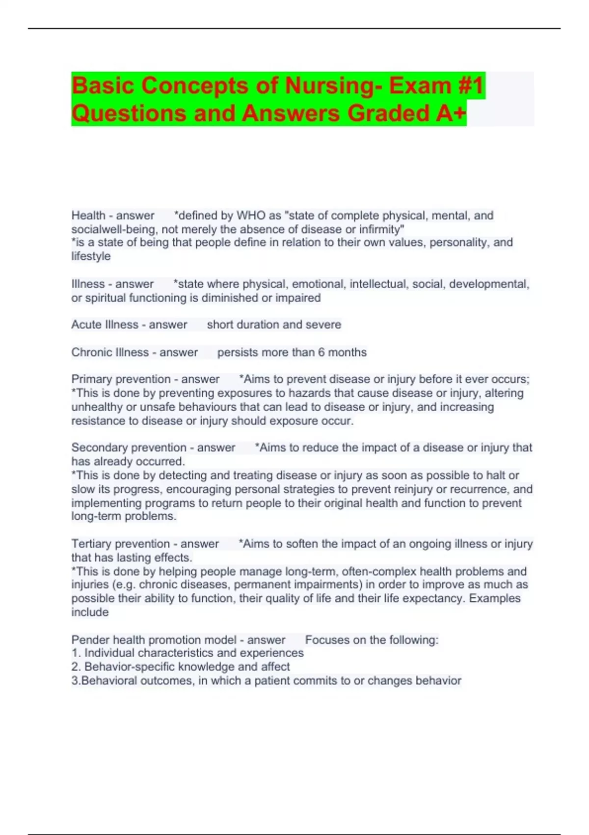 Basic Concepts of Nursing- Exam #1 Questions and Answers Graded A+ ...