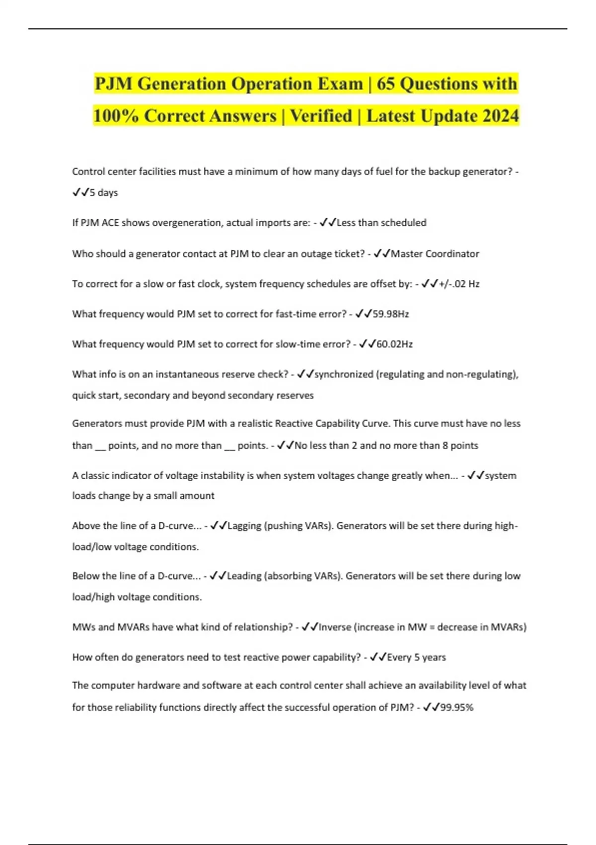 PJM Generation Operation Exam | 65 Questions with 100% Correct Answers ...