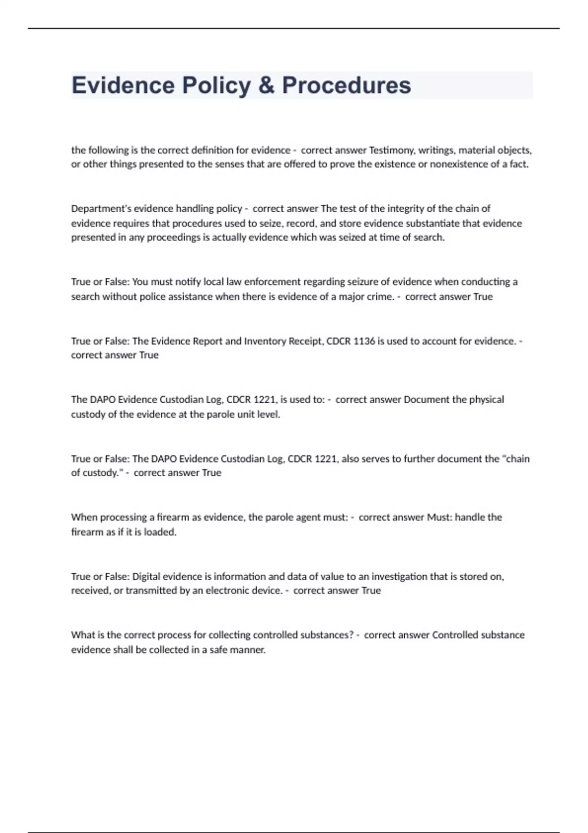 Evidence Policy & Procedures with complete solutions 2023/2024 - CDCR ...