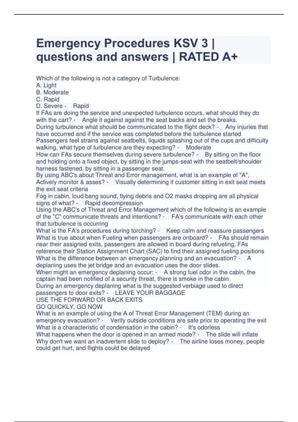 Emergency Procedures KSV 3 | questions and answers | RATED A+ - Emergency Procedures KSV 3 ...