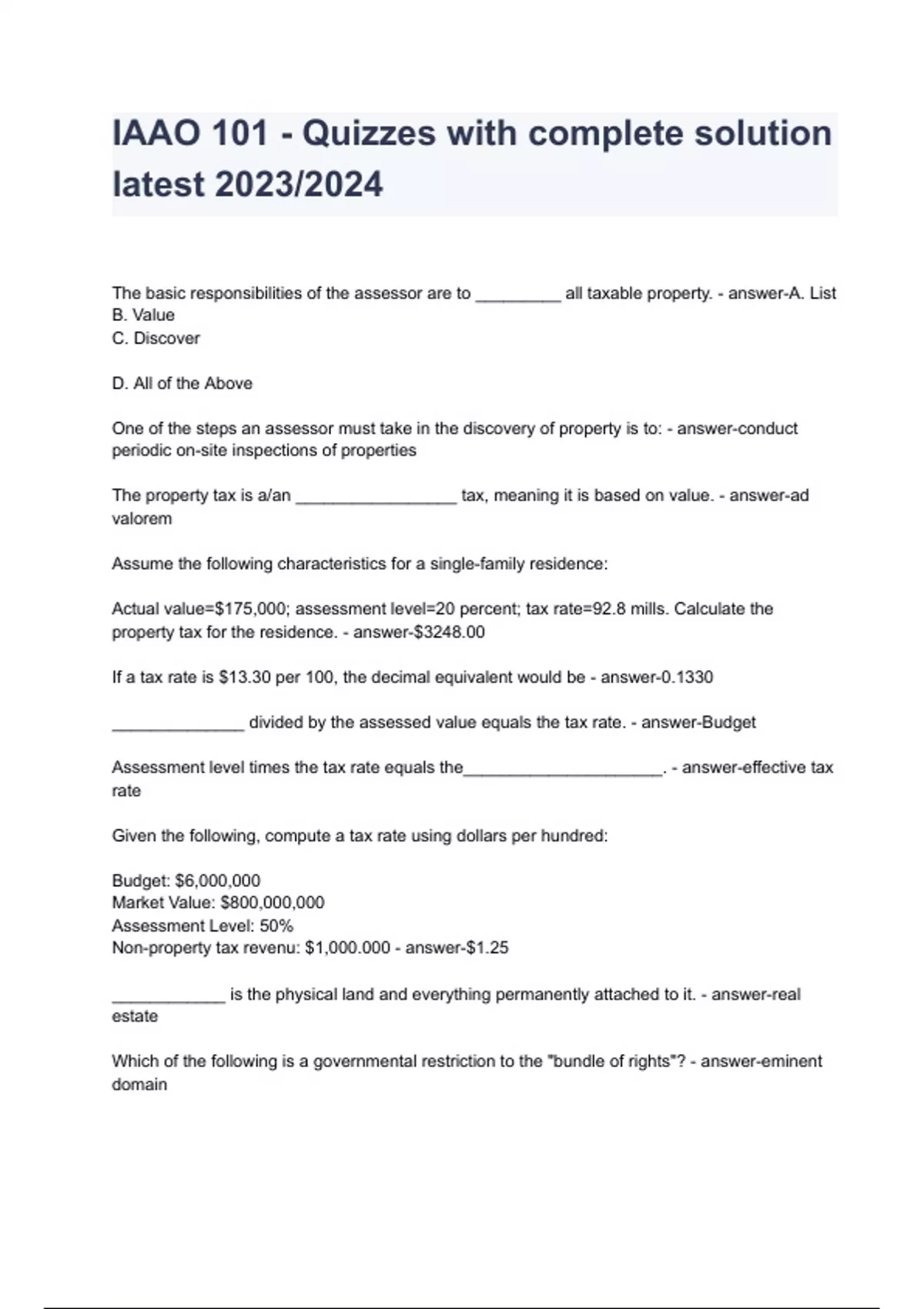 IAAO 101 - Quizzes with complete solution latest 2023/2024 - IAAO 101 ...