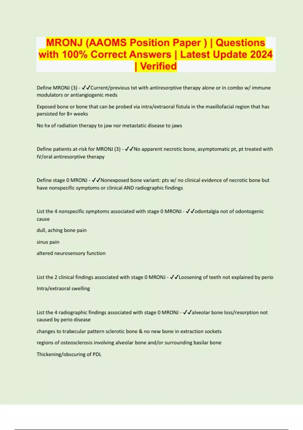 MRONJ (AAOMS Position Paper ) | Questions with 100% Correct Answers ...