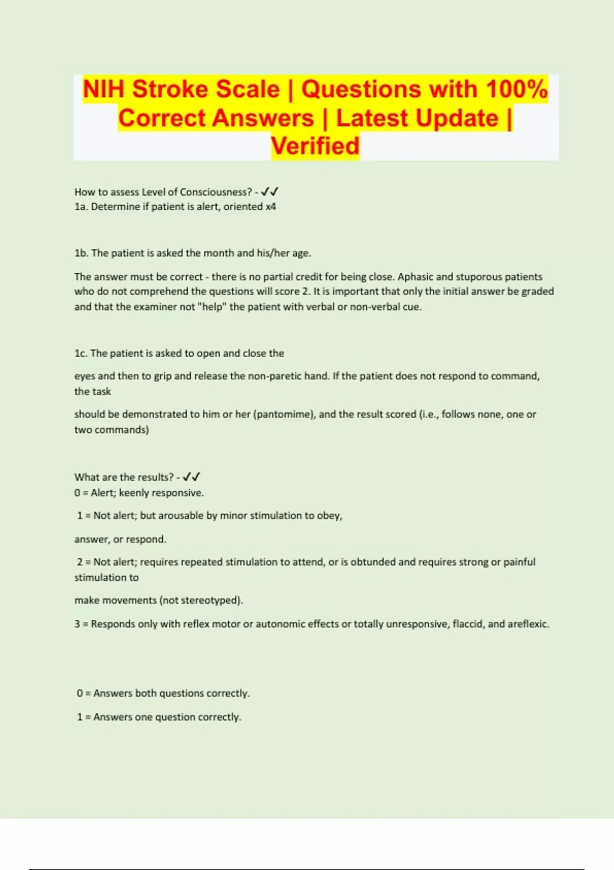 NIH Stroke Scale | Questions with 100% Correct Answers | Latest Update ...