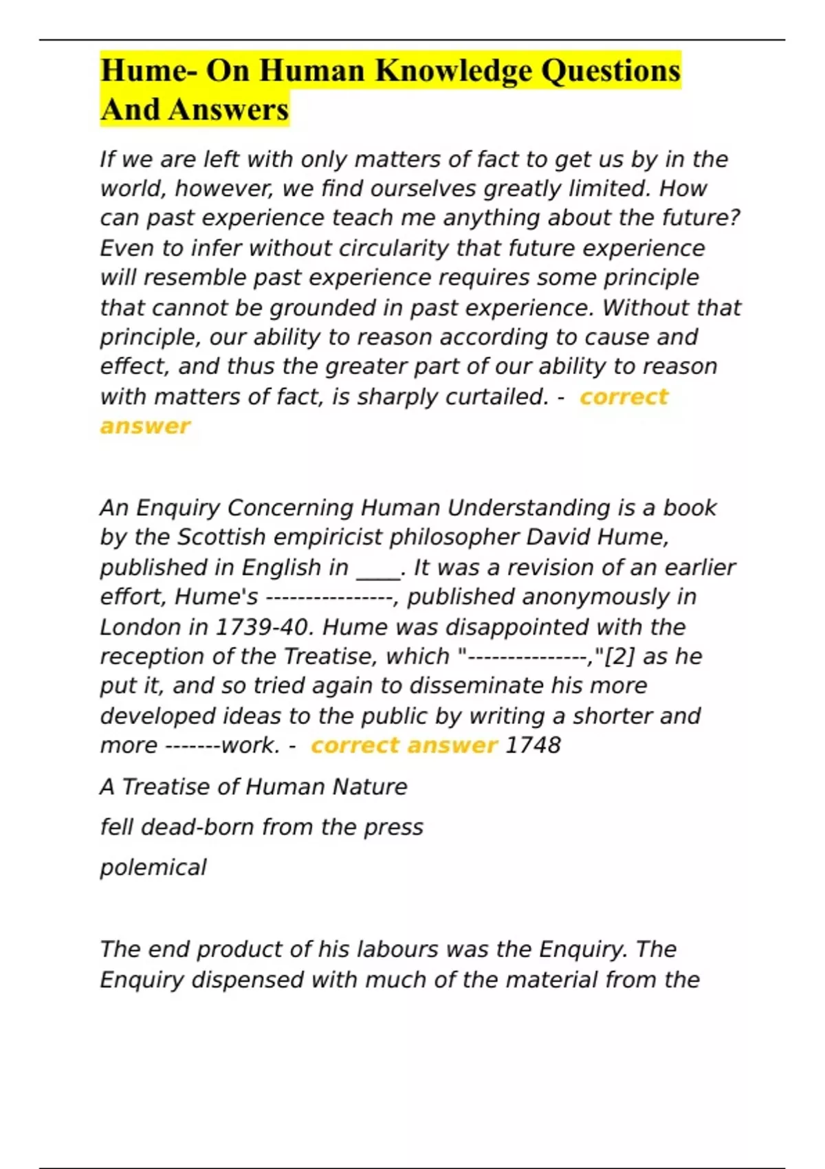 Hume- On Human Knowledge Questions And Answers - Hume- On Human ...