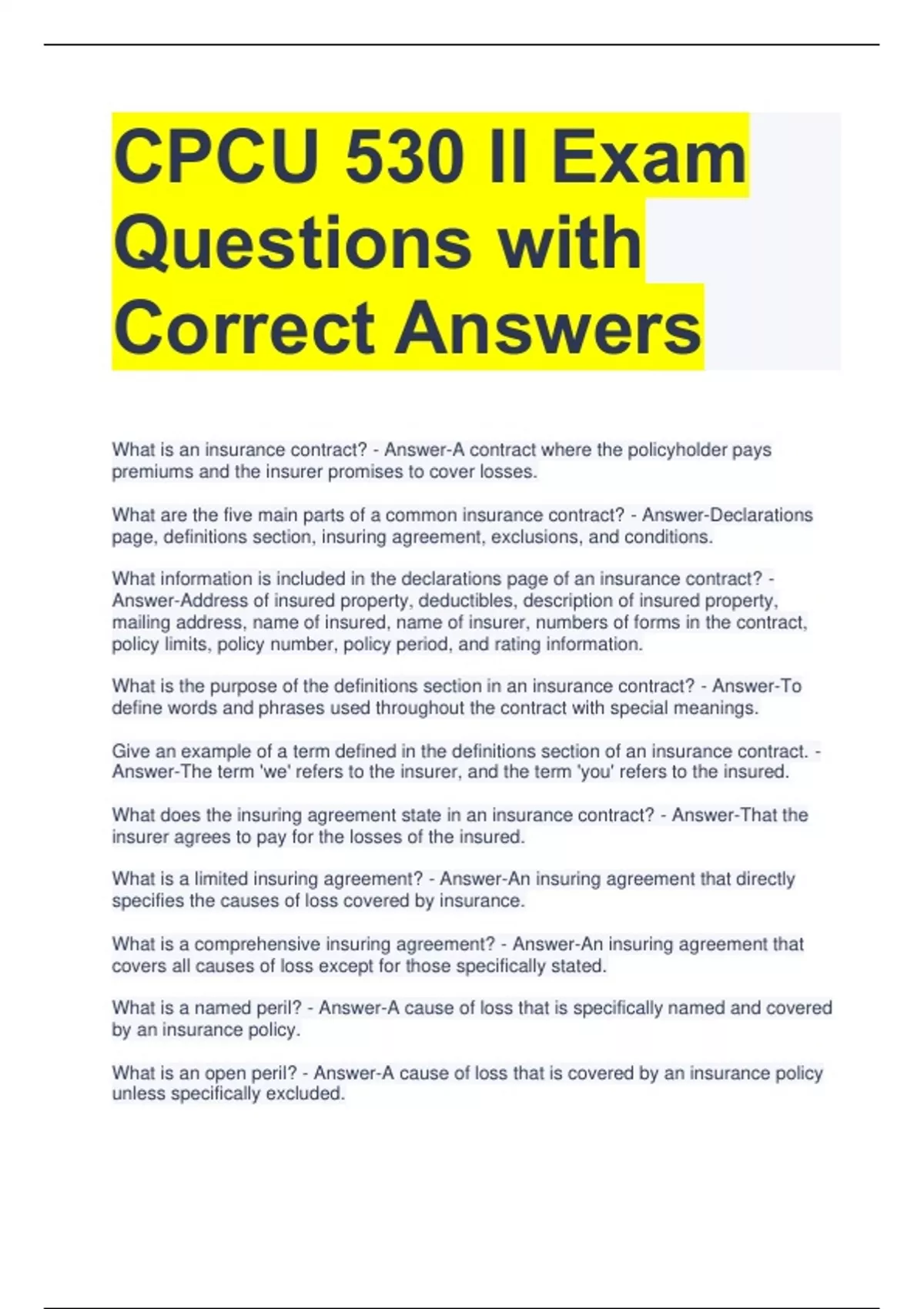CPCU 530 II Exam Questions with Correct Answers - CPCU 530 - Stuvia US