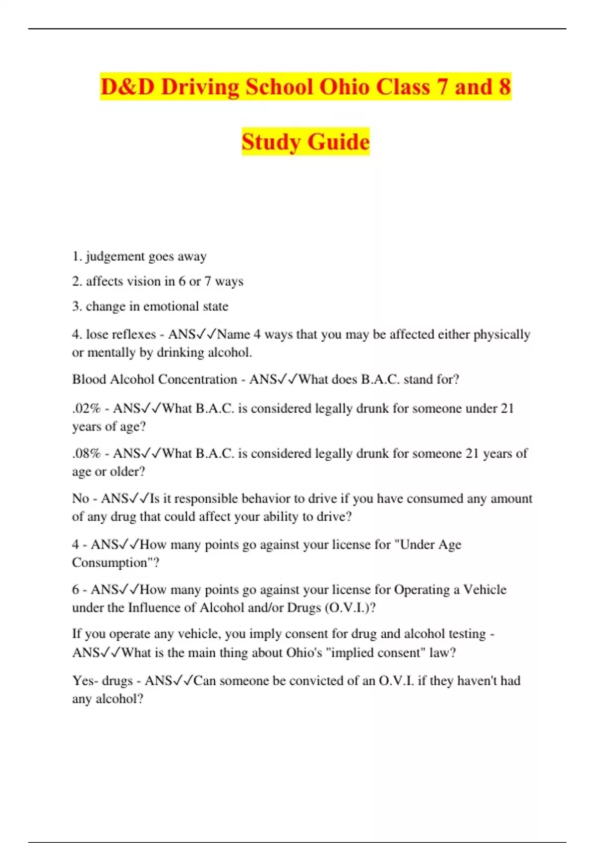 D&D Driving School Ohio Class 7 and 8 Study Guide - D&D Driving School ...