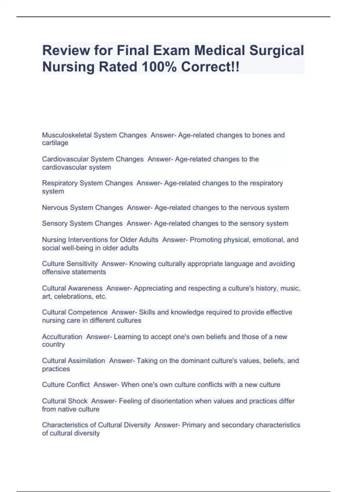 Review for Final Exam Medical Surgical Nursing Rated 100% Correct ...