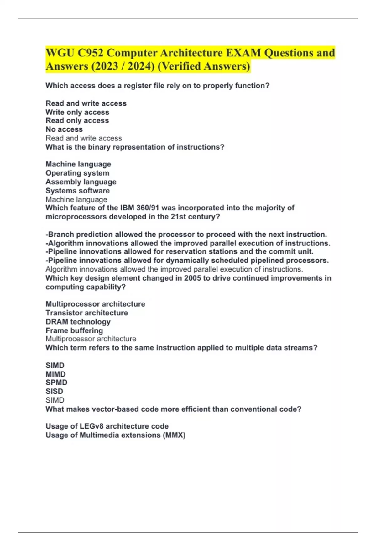 WGU C952 Computer Architecture EXAM Questions and Answers (2023 / 2024) (Verified Answers) - WGU ...