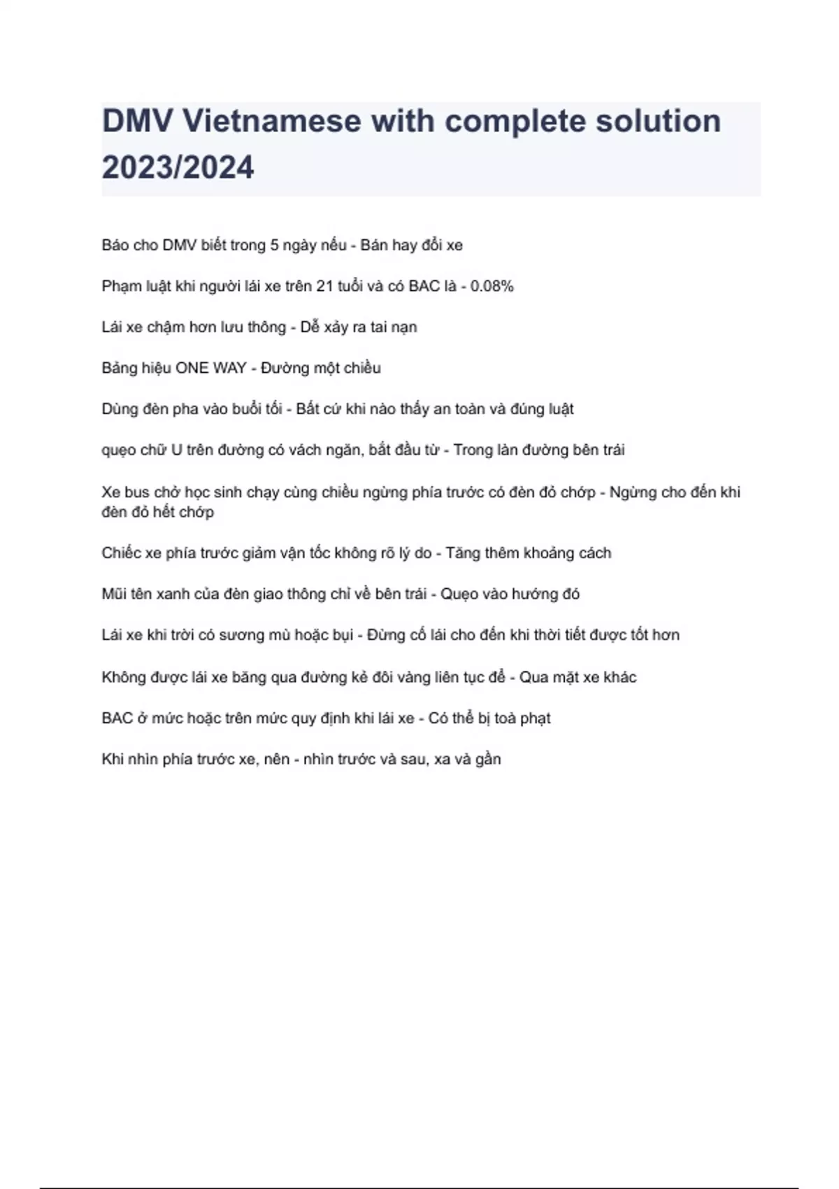 DMV Vietnamese with complete solution 2023/2024 - DMV Vietnamese with ...