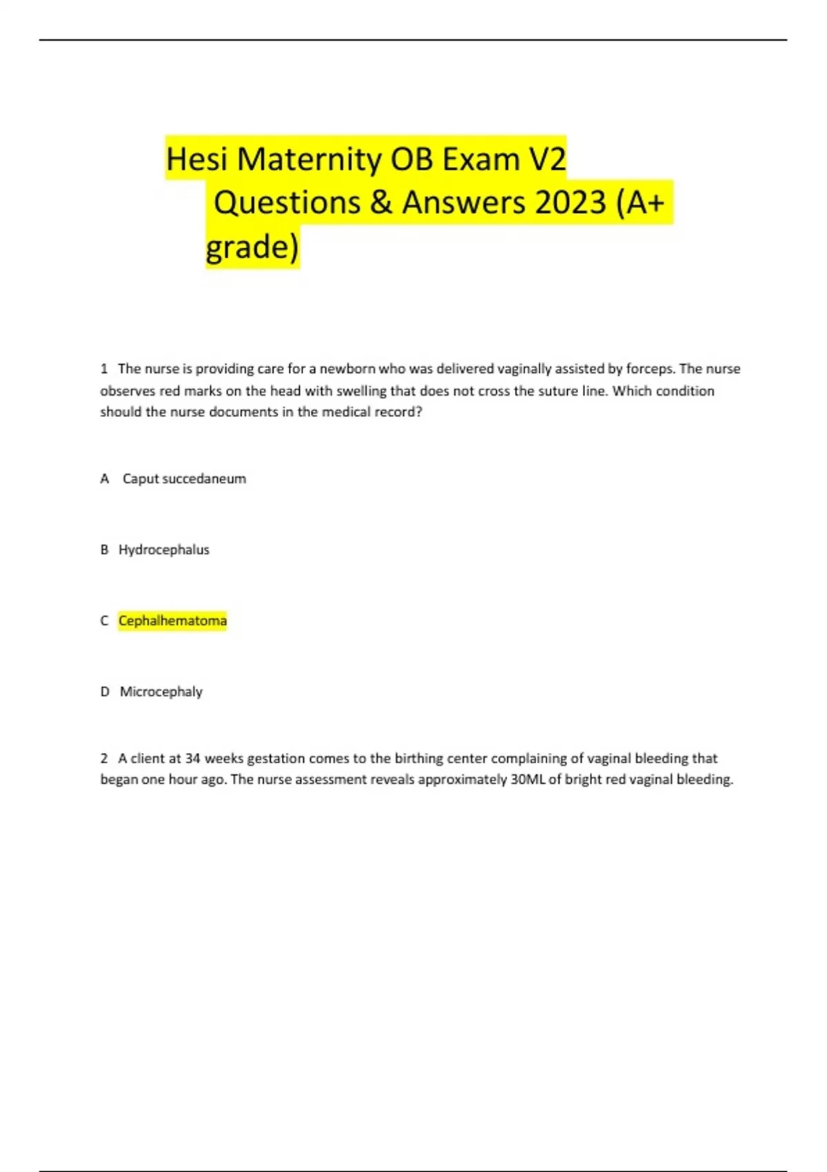 Hesi Maternity OB Exam V2 Questions & Answers 2023 (A+ grade) - Hesi ...