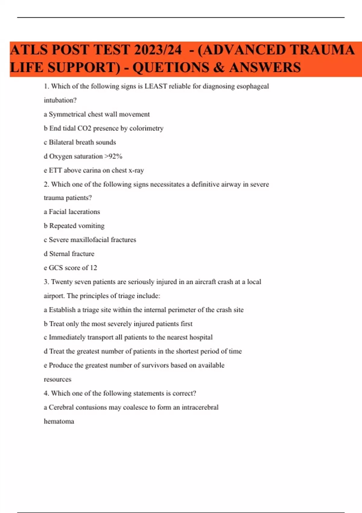 ATLS POST TEST 2023/24 - (ADVANCED TRAUMA LIFE SUPPORT) - QUETIONS ...