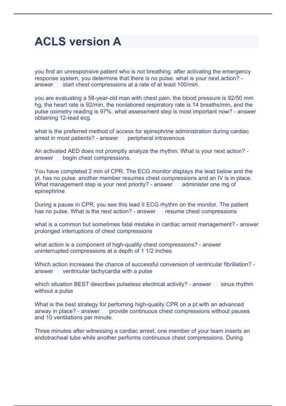 ACLS version A Questions with solutions 2023 - AHA ACLS - Stuvia US