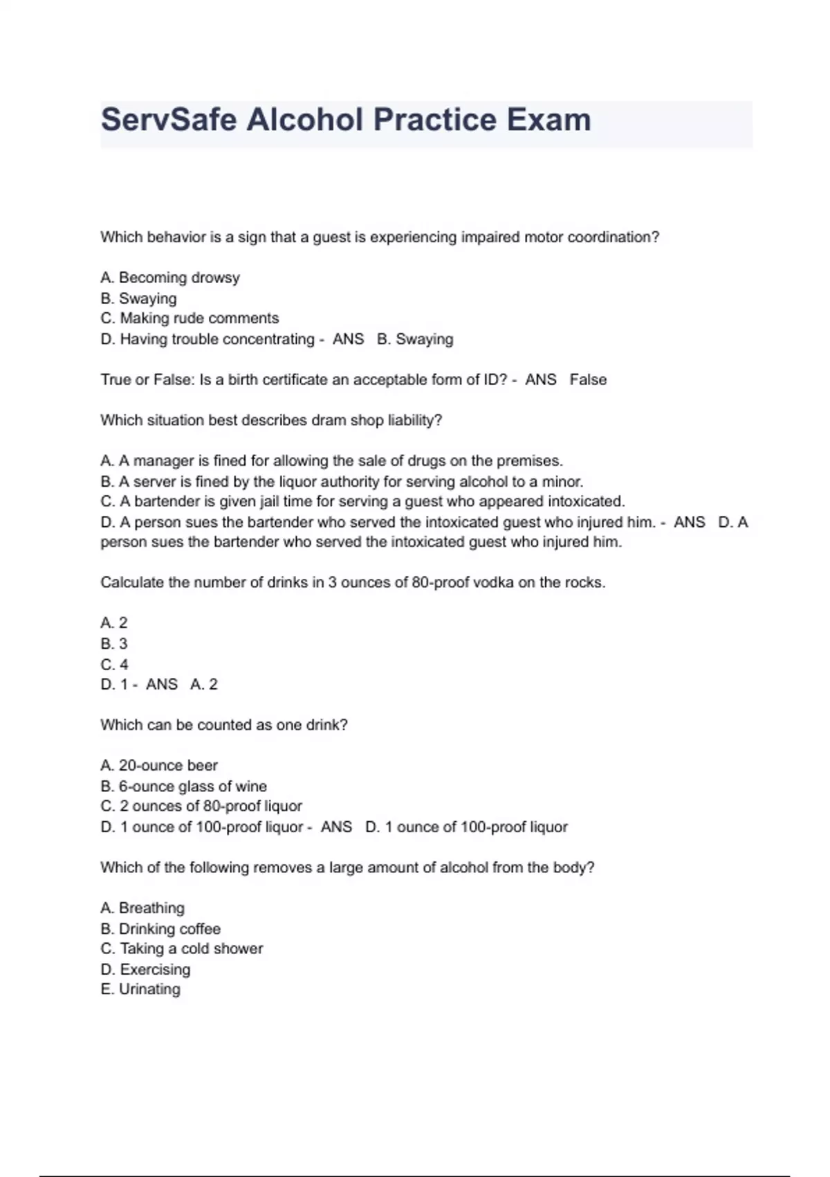 ServSafe Alcohol Practice Exam Questions And Answers ServSafe Stuvia US