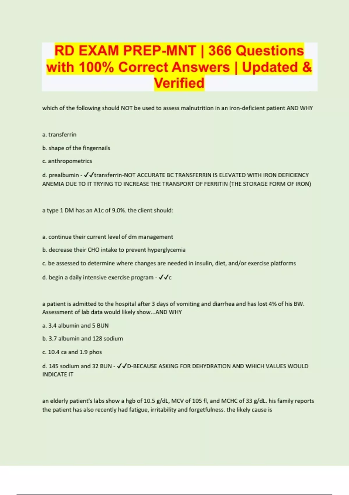 RD EXAM PREP-MNT | 366 Questions with 100% Correct Answers | Updated ...