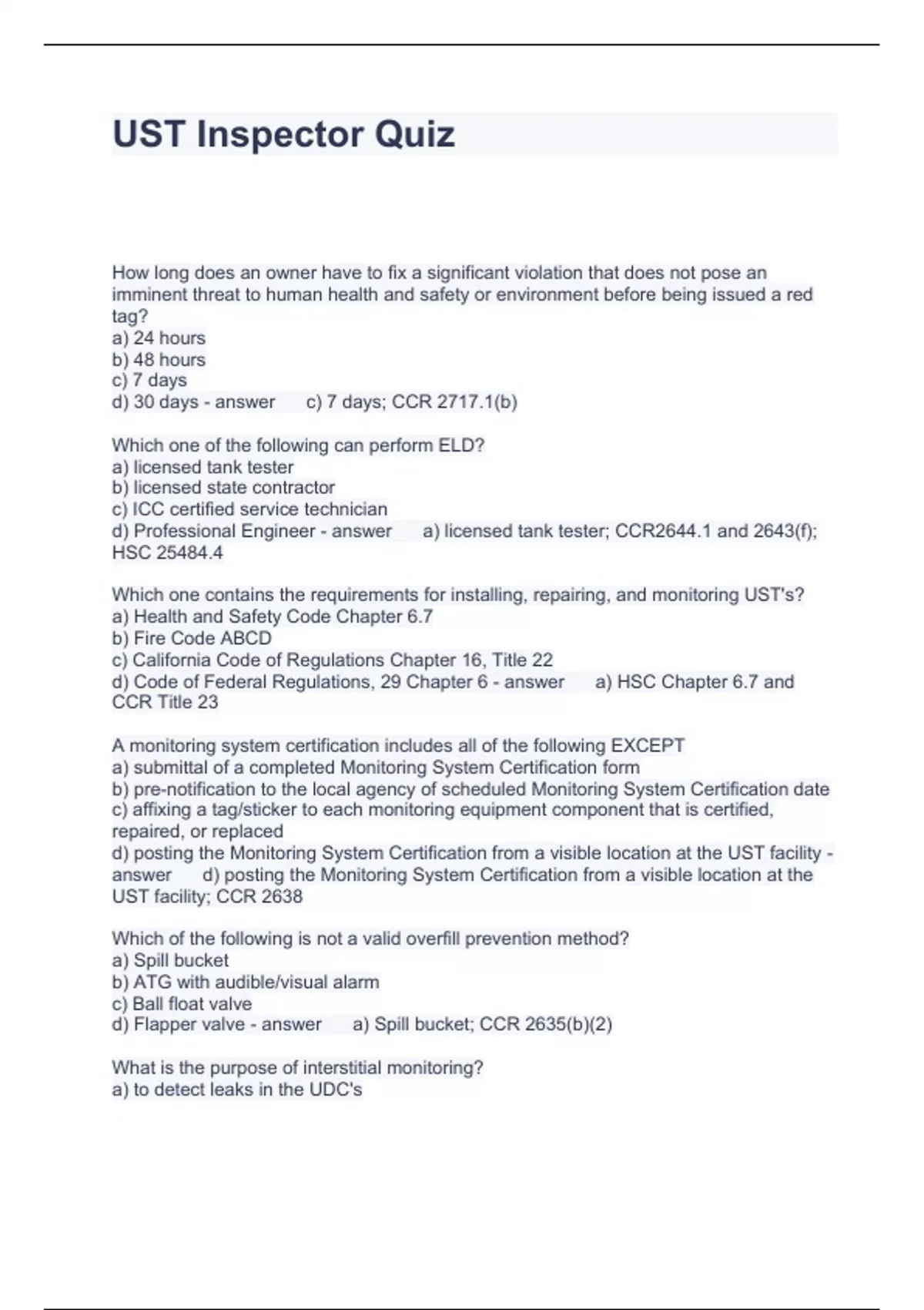 UST Inspector Quiz Questions and Answers 100% Accurate 2023 - Ust - Stuvia US