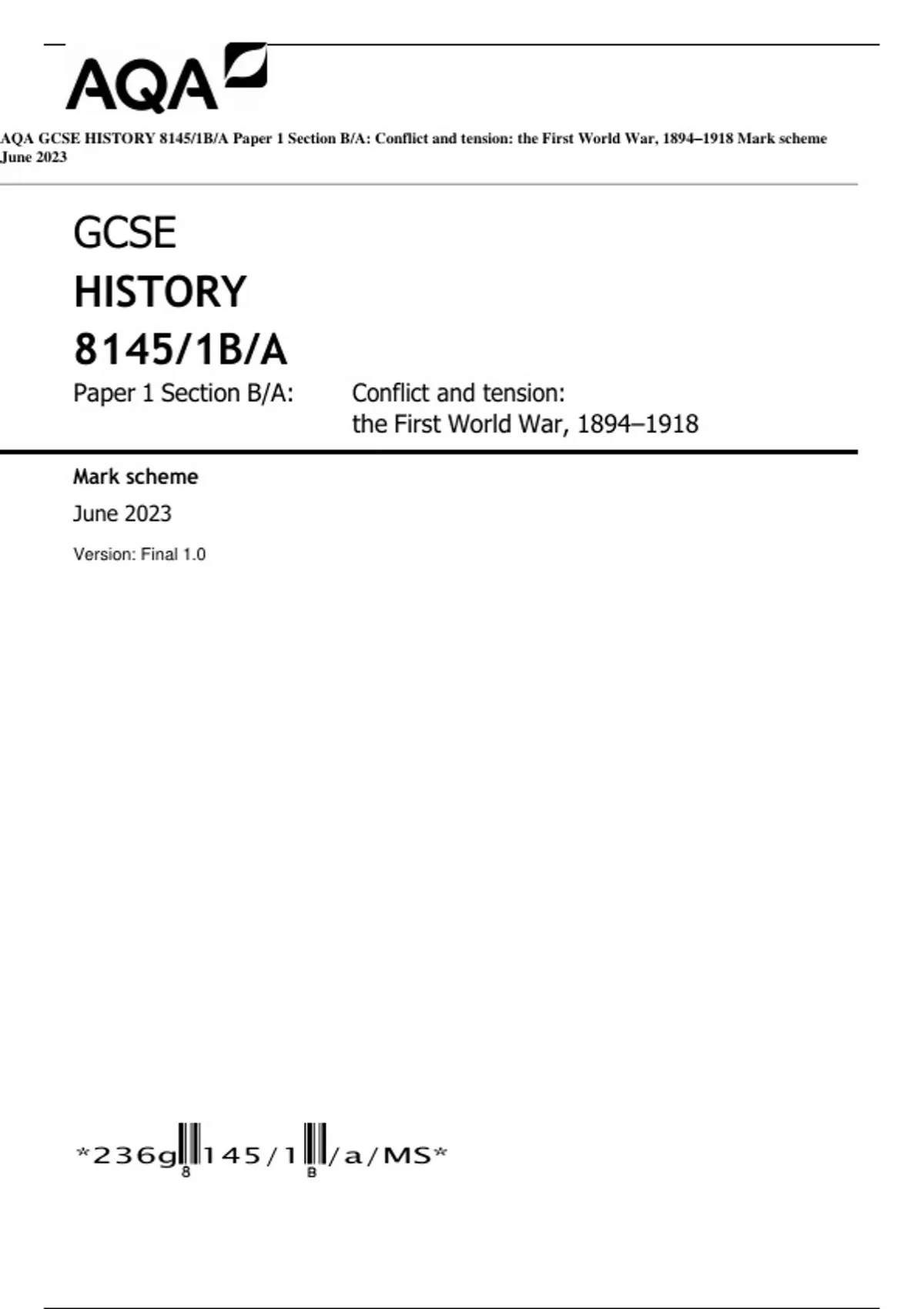 AQA GCSE HISTORY 8145/1B/A Paper 1 Section B/A: Conflict and tension ...