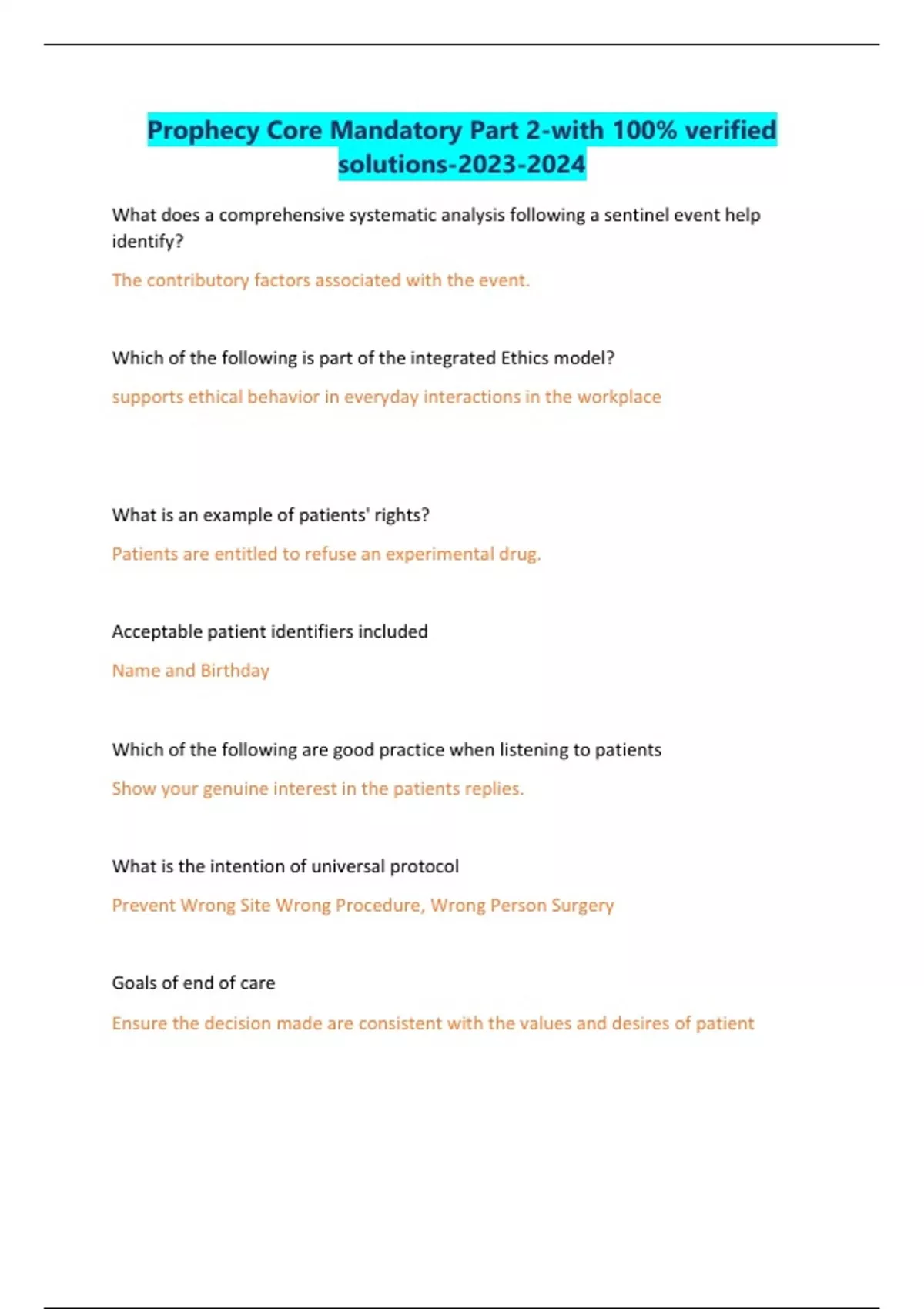 Prophecy Core Mandatory Part 2-with 100% verified solutions- - Prophecy ...