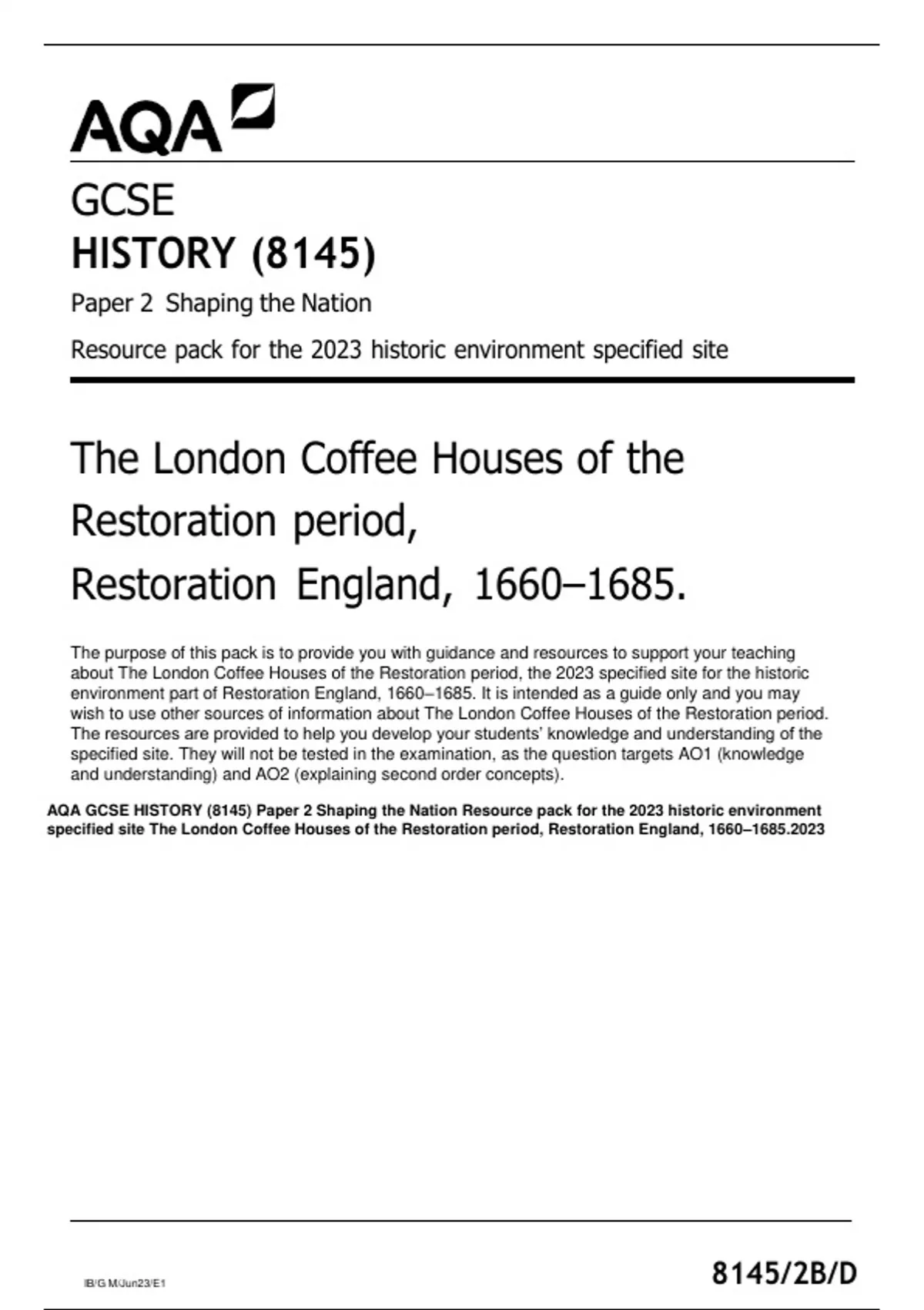 AQA GCSE HISTORY (8145) Paper 2 Shaping the Nation Resource pack for ...