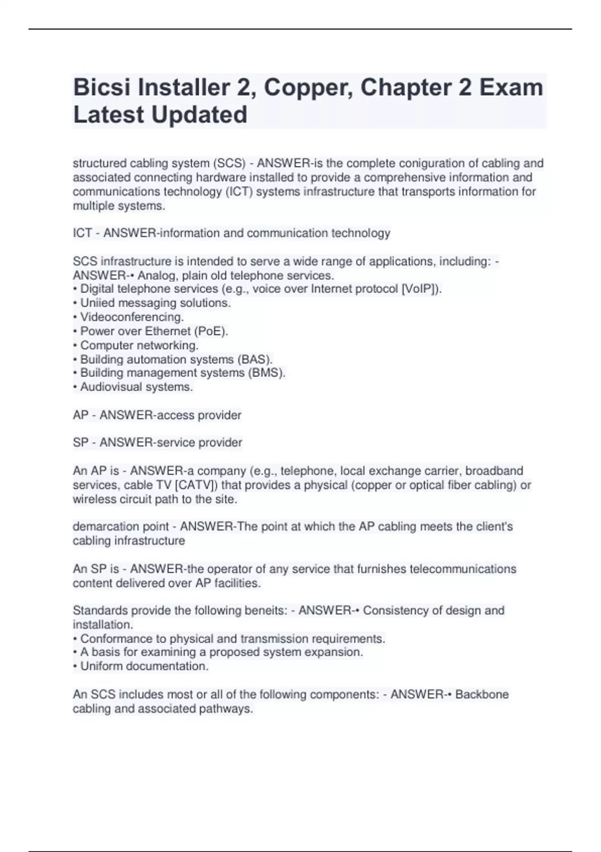 Bicsi Installer 2, Copper, Chapter 2 Exam Questions and Answers - Bicsi ...
