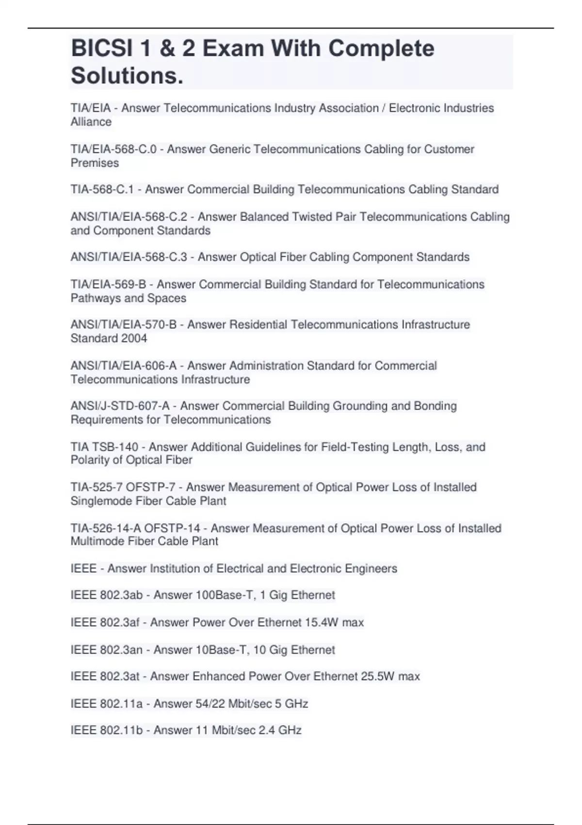 BICSI 1 & 2 Exam Questions With Complete Solutions. - BICSI - Stuvia US