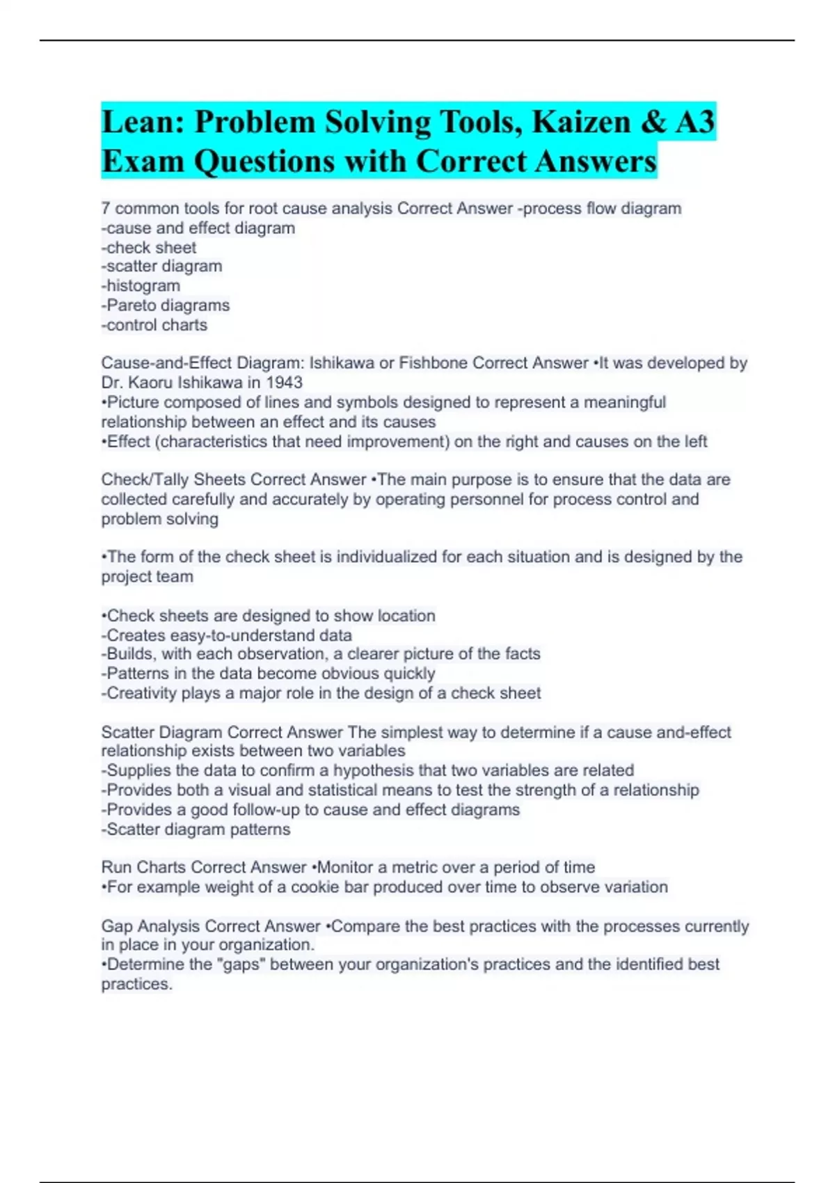 Lean: Problem Solving Tools, Kaizen & A3 Exam Questions with Correct Answers - Lean: Problem ...