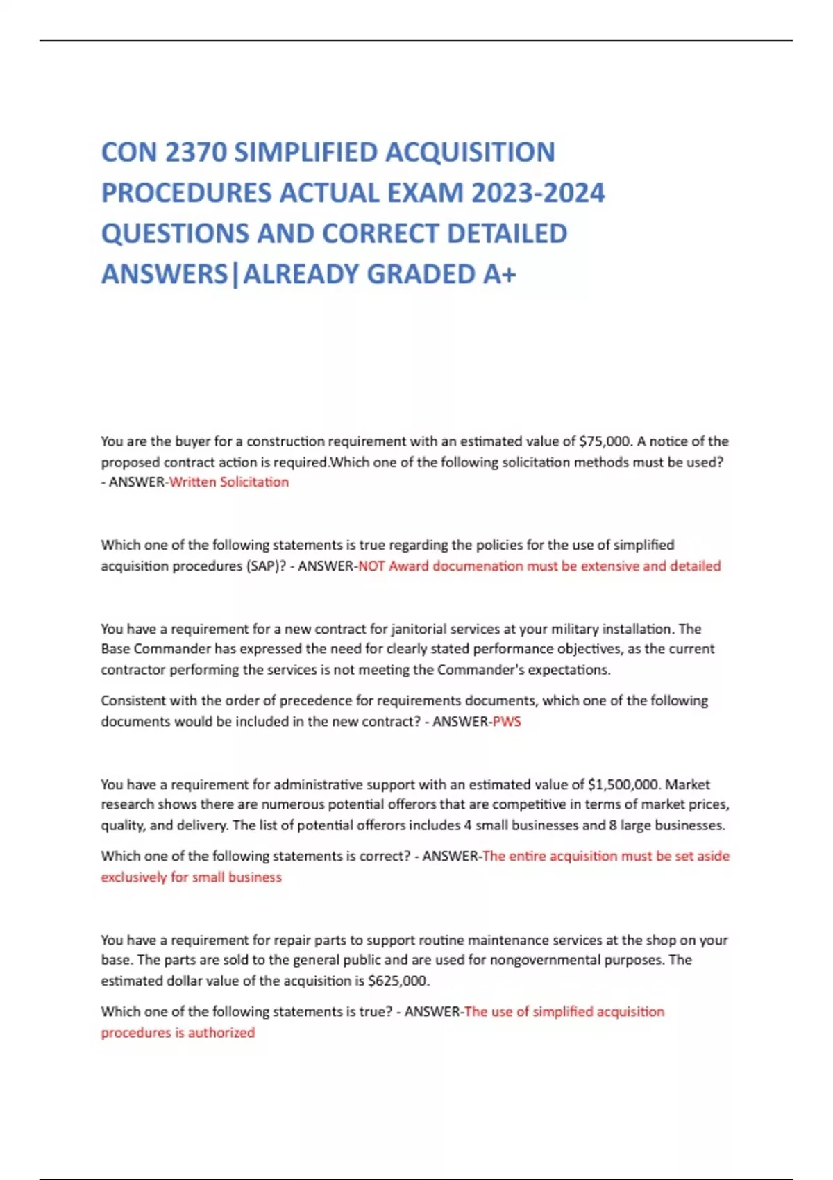CON 2370 SIMPLIFIED ACQUISITION PROCEDURES ACTUAL EXAM QUESTIONS AND ...