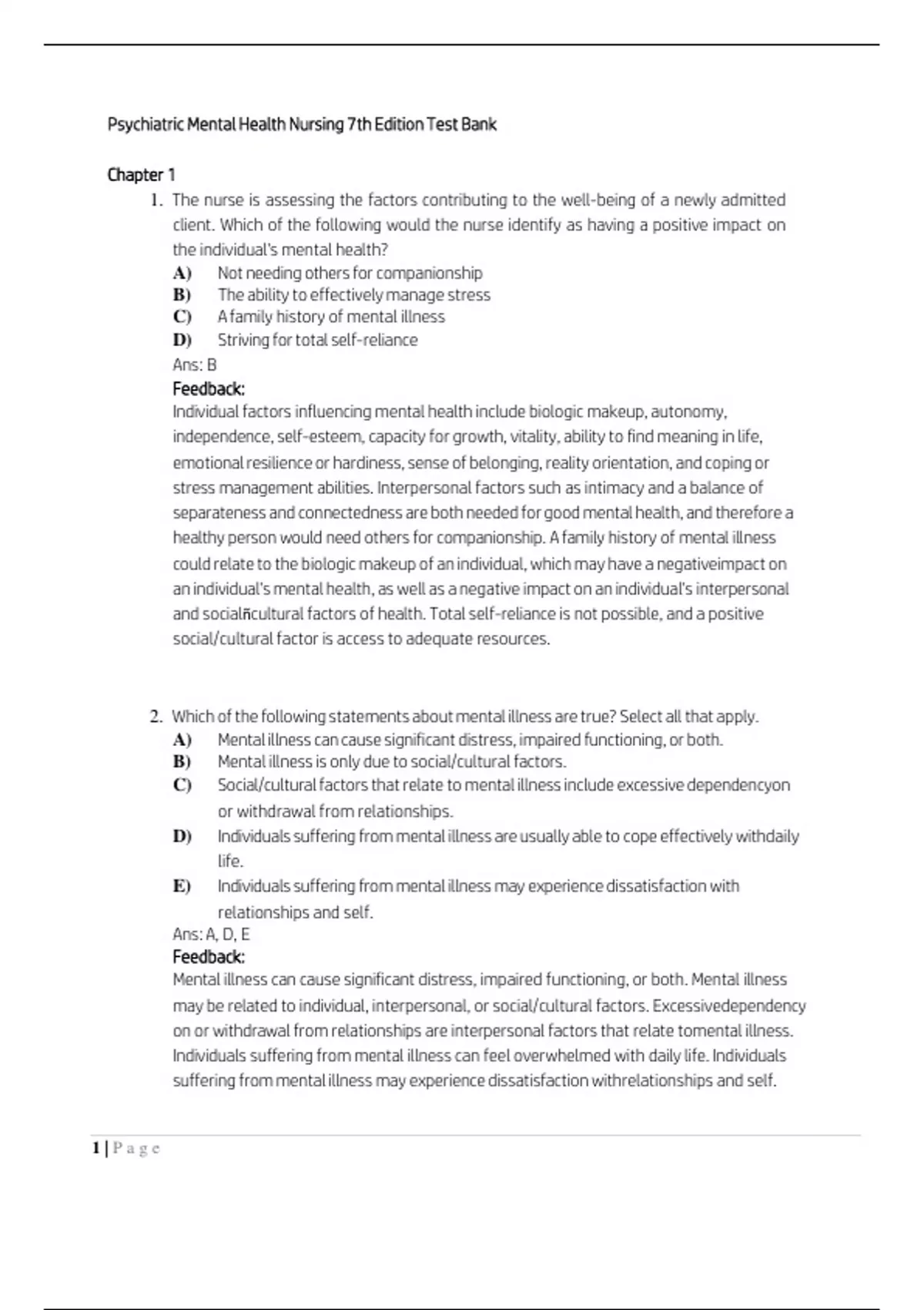 TEST BANK PSYCHIATRIC MENTAL HEALTH NURSING 7TH EDITION VIDEBECK ...
