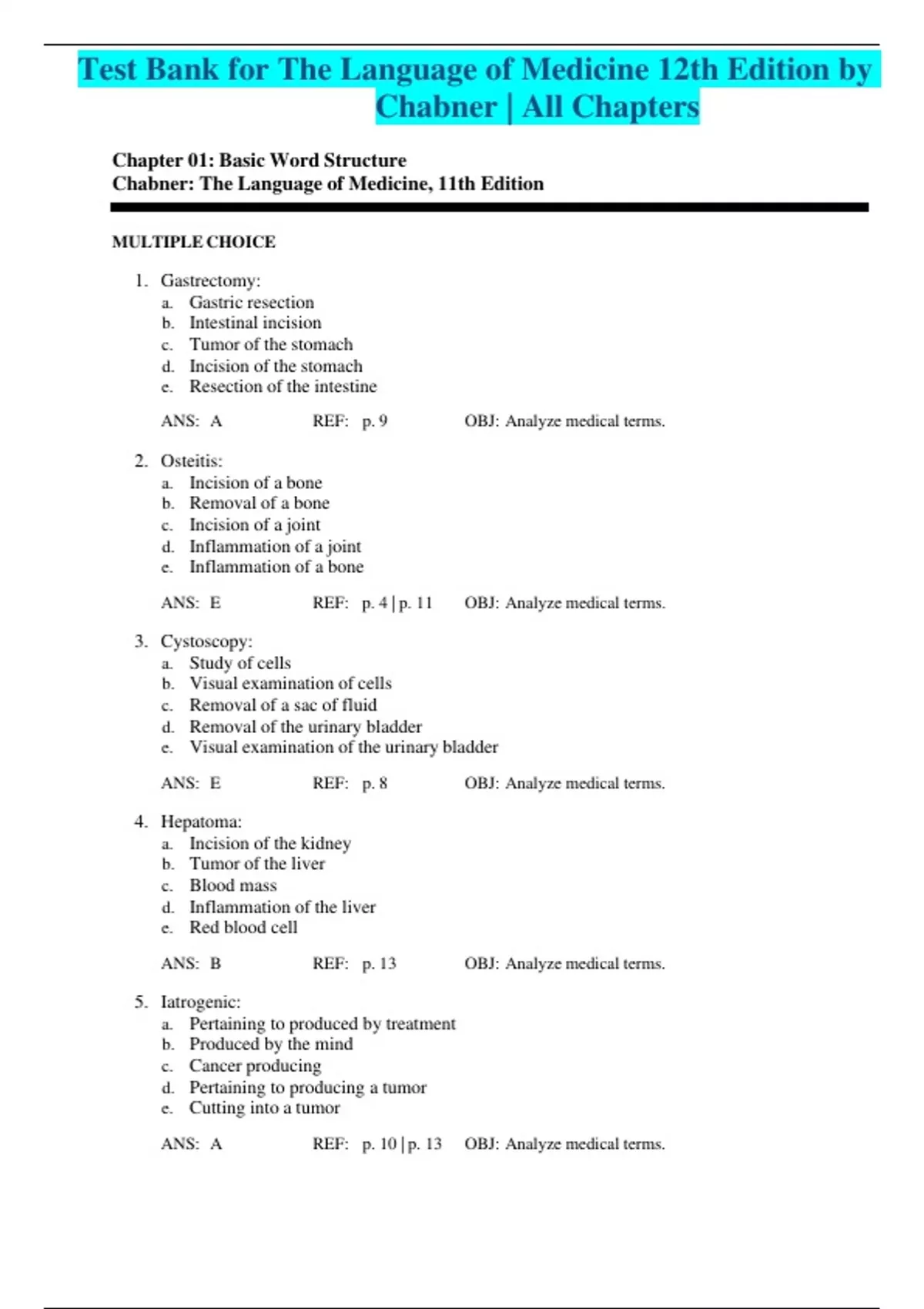 Test Bank for The Language of Medicine 12th Edition by Chabner |All ...