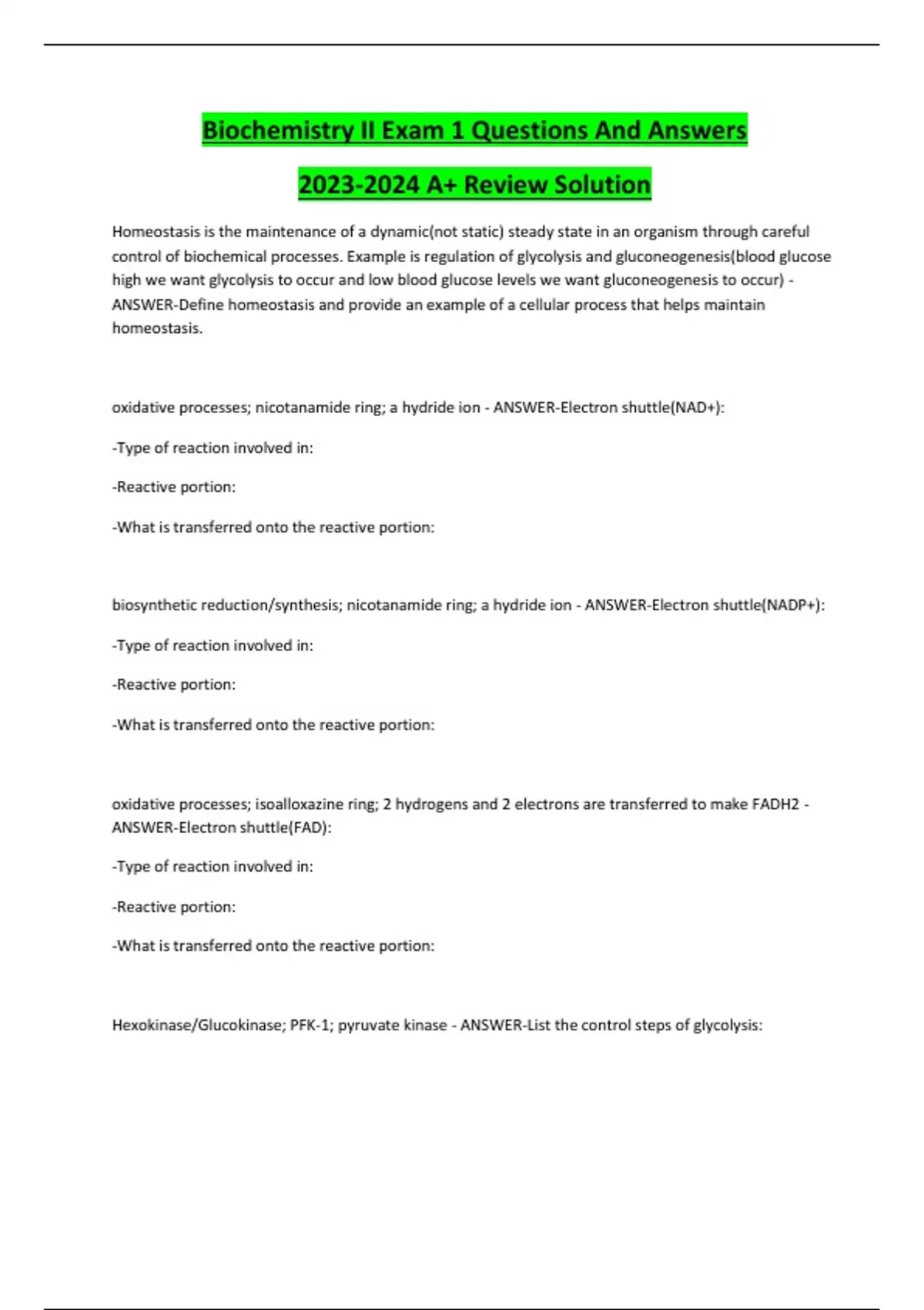 Biochemistry II Exam 1 Questions And Answers A+ Review Solution ...