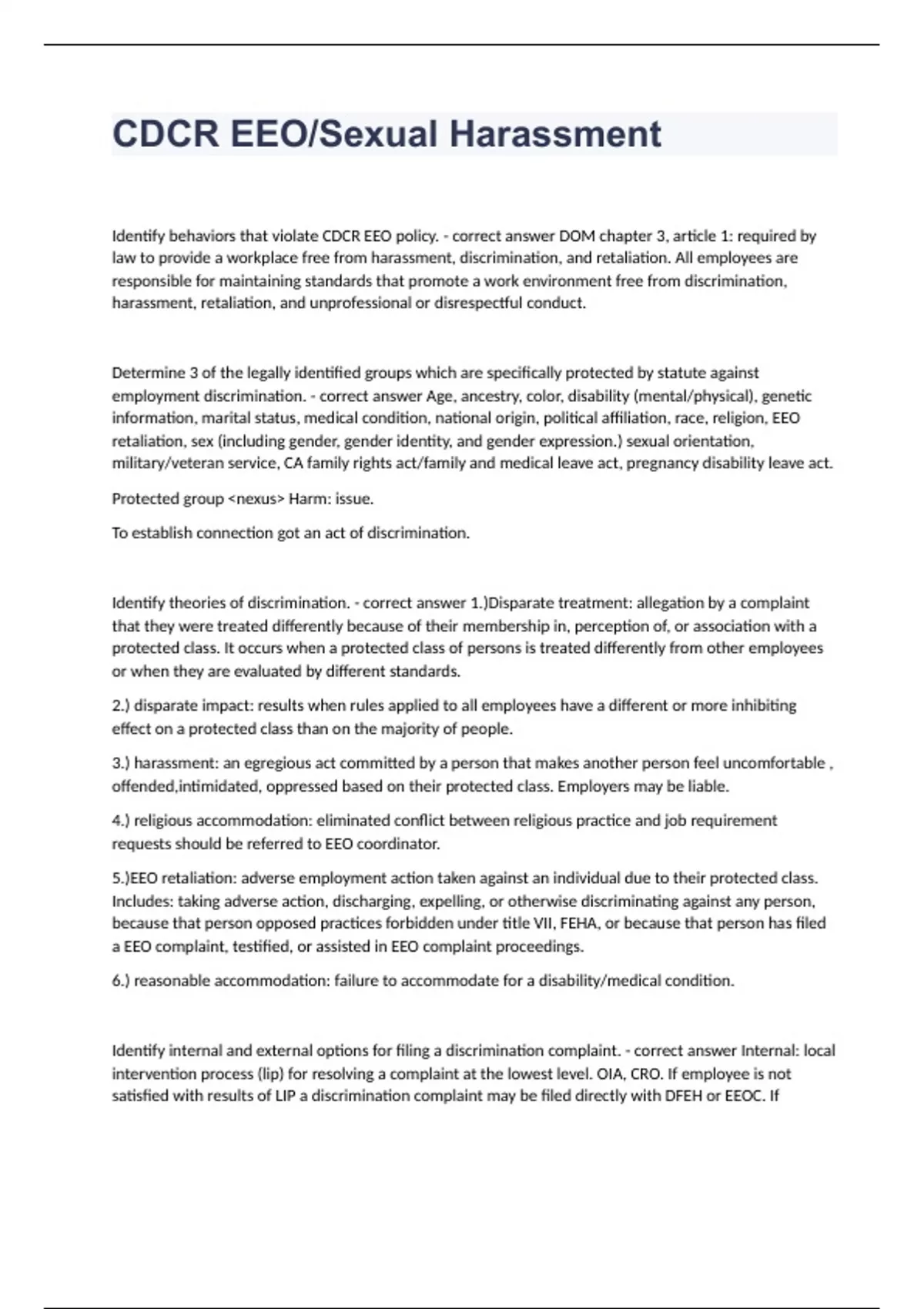 CDCR EEO/Sexual Harassment fully solved 2023/2024 - CDCR - Stuvia US