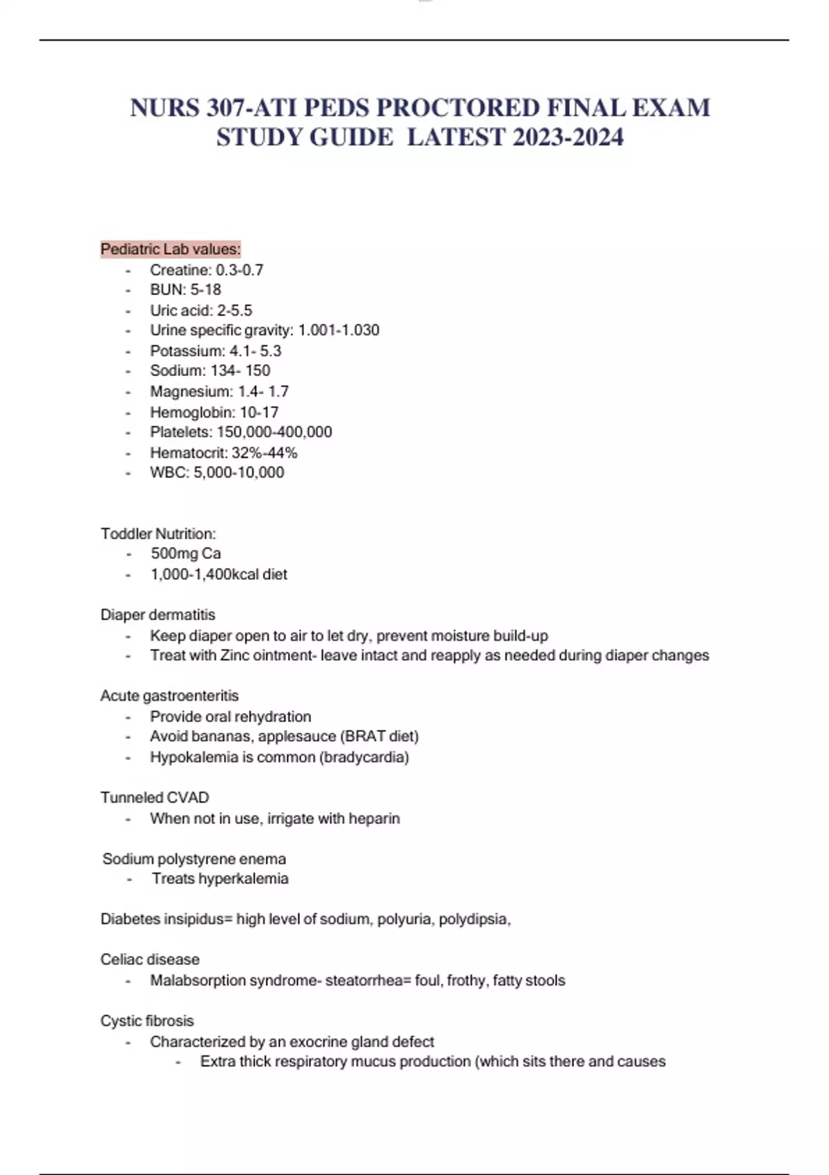 NURS 307-ATI PEDS PROCTORED FINAL EXAM STUDY GUIDE LATEST - NURS 307 ...