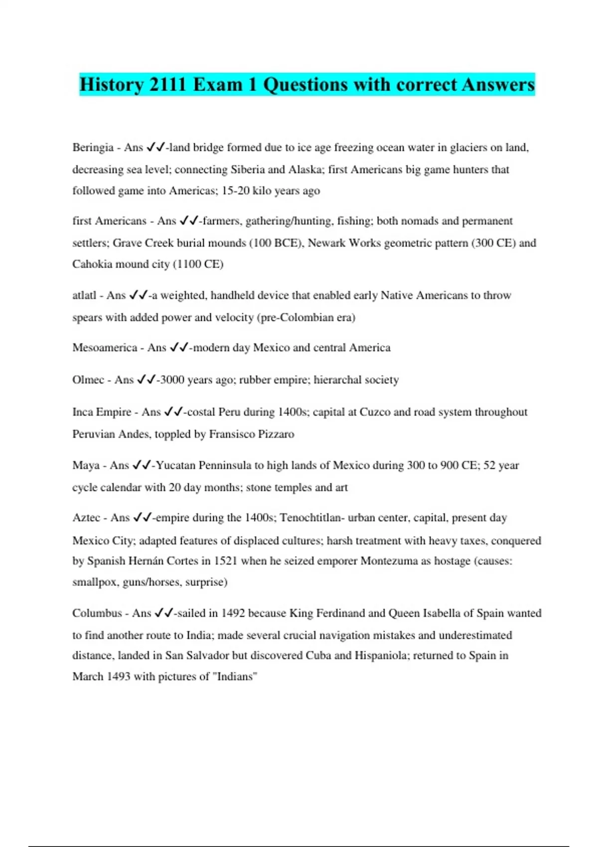 History 2111 Exam 1 Questions with correct Answers - UGA History 2111 ...