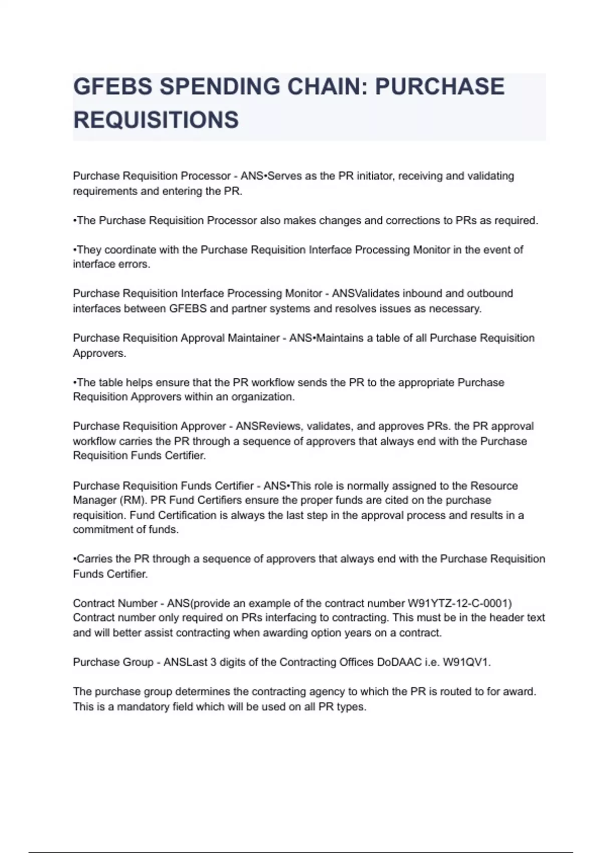 GFEBS SPENDING CHAIN: PURCHASE REQUISITIONS 2023/2024 already graded A+ ...