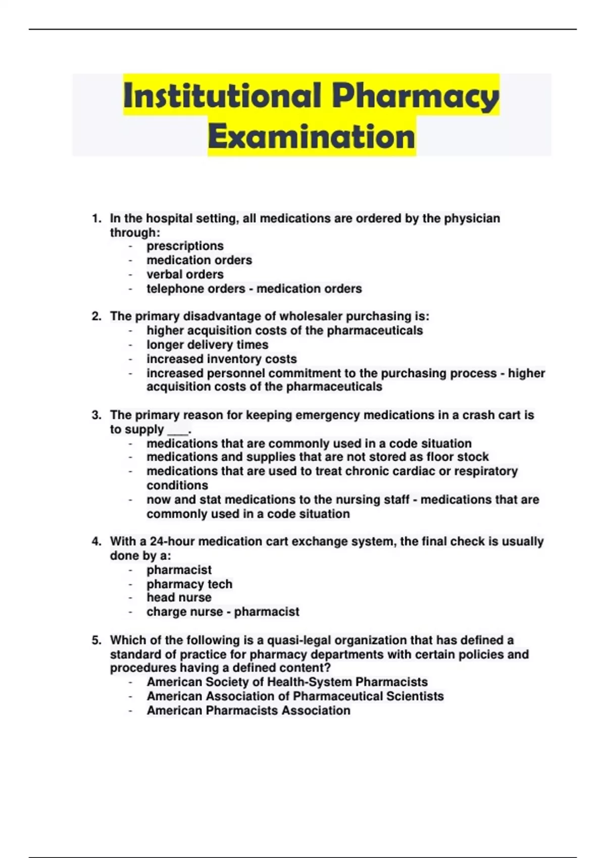 Institutional Pharmacy Examination - Pharmacy technician - Stuvia US