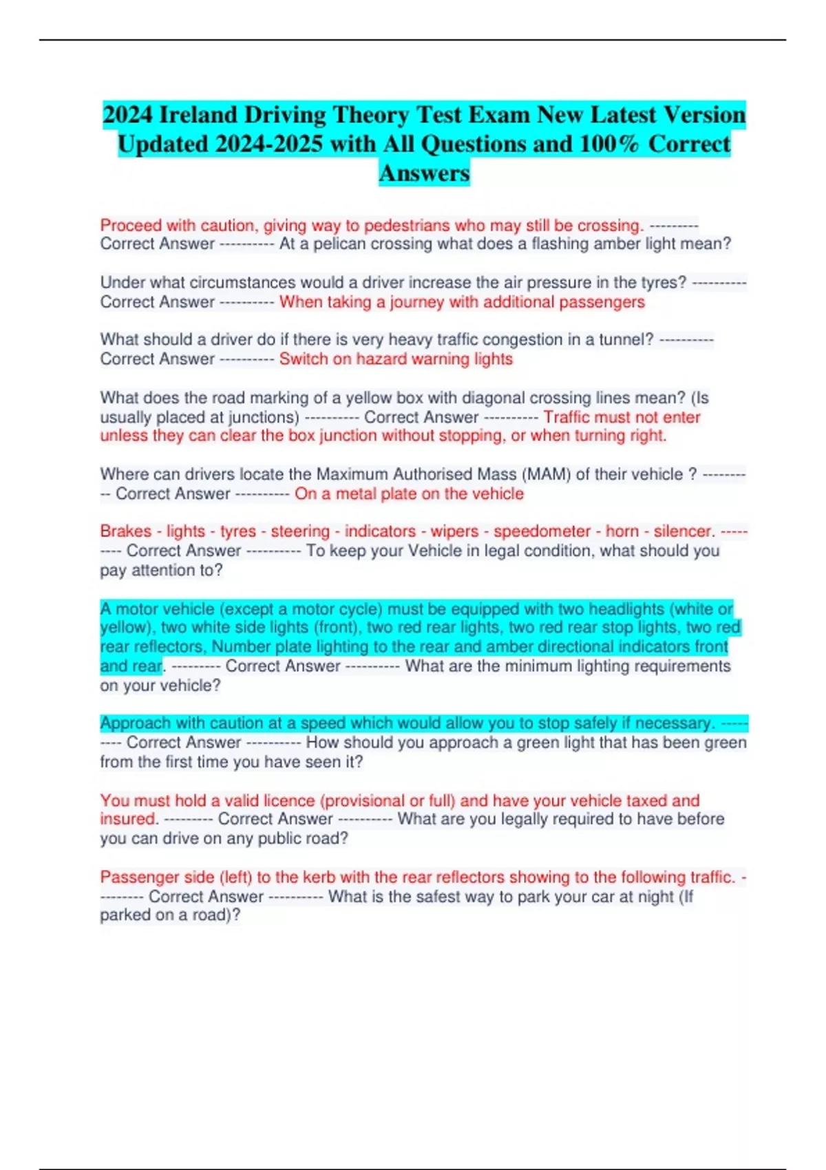 2024 Ireland Driving Theory Test Exam New Latest Version Updated with ...