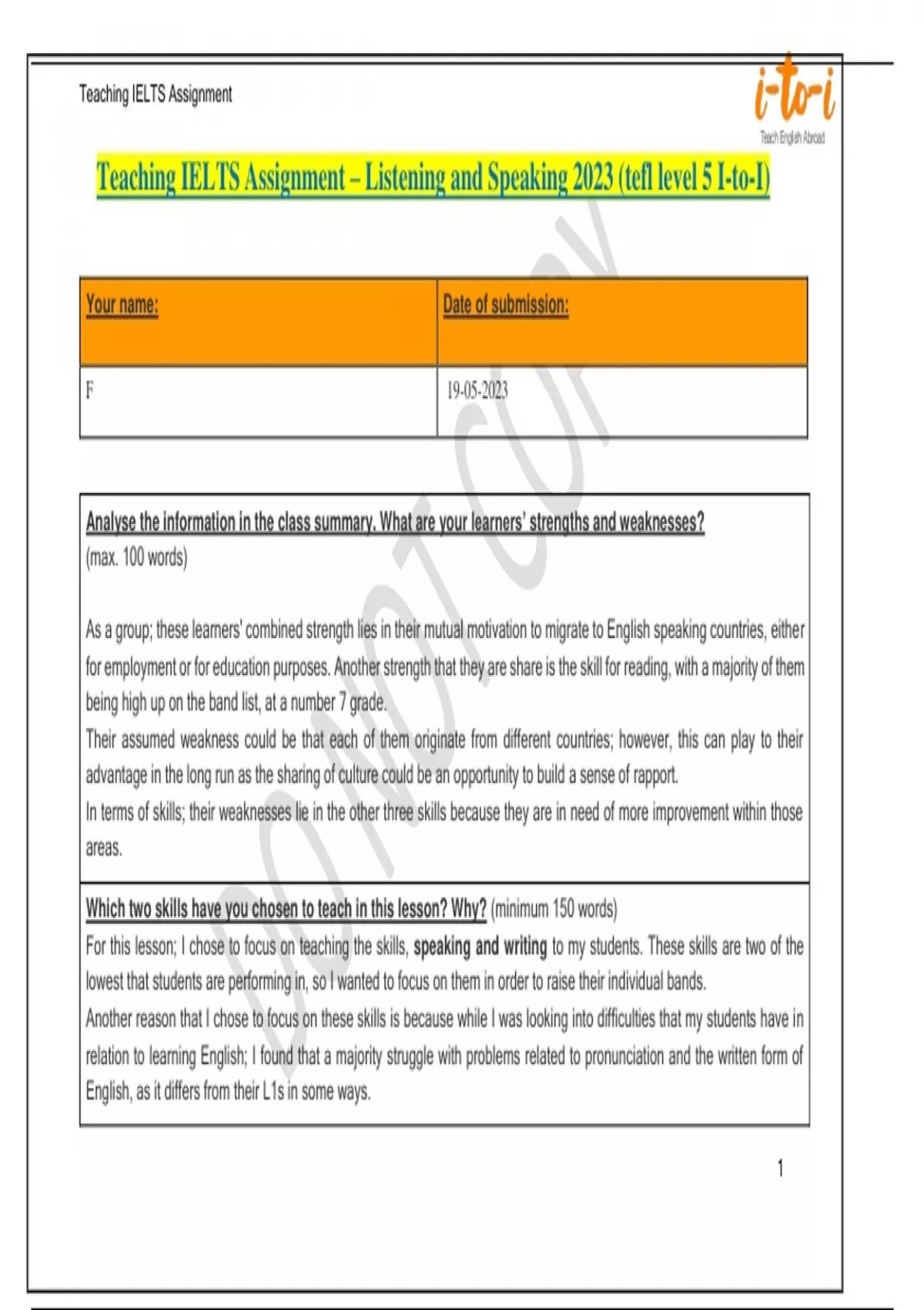 Teaching IELTS Assignment – Listening and Speaking 2023 (tefl level 5 I ...