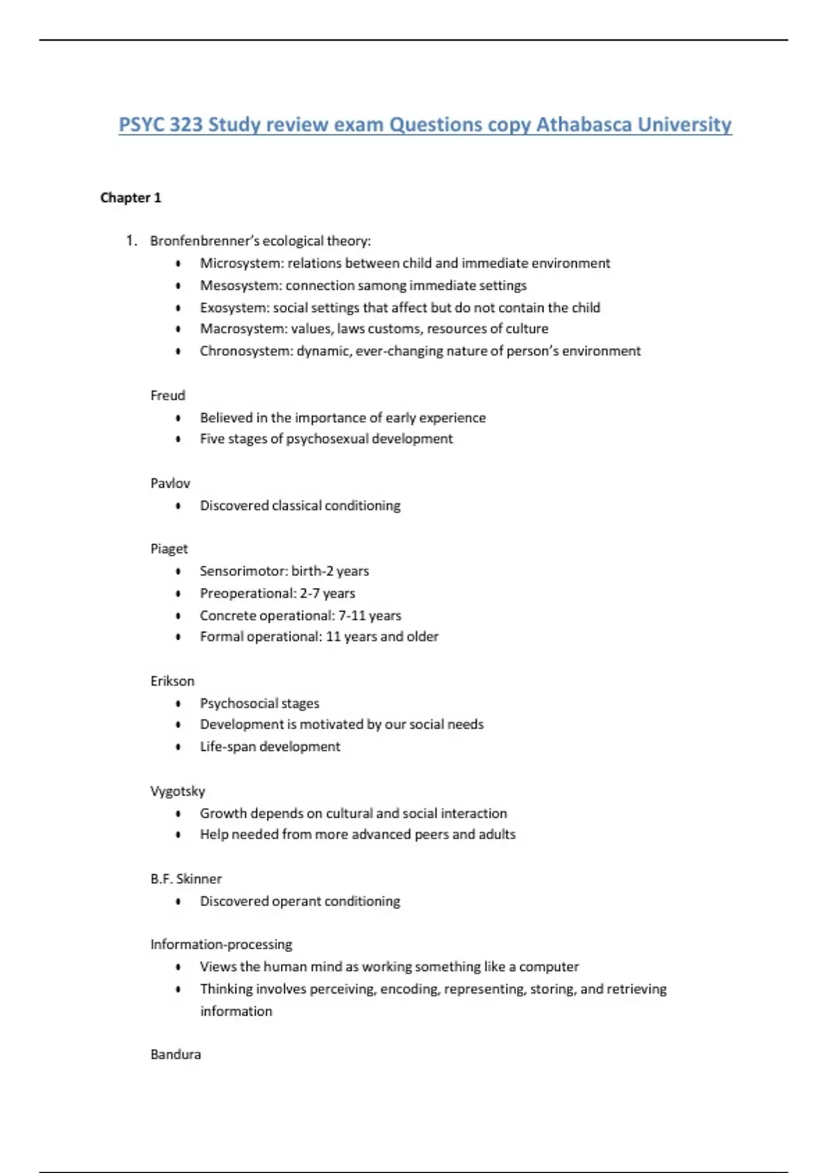 PSYC 323 Study review exam Questions copy Athabasca University - PSYC ...