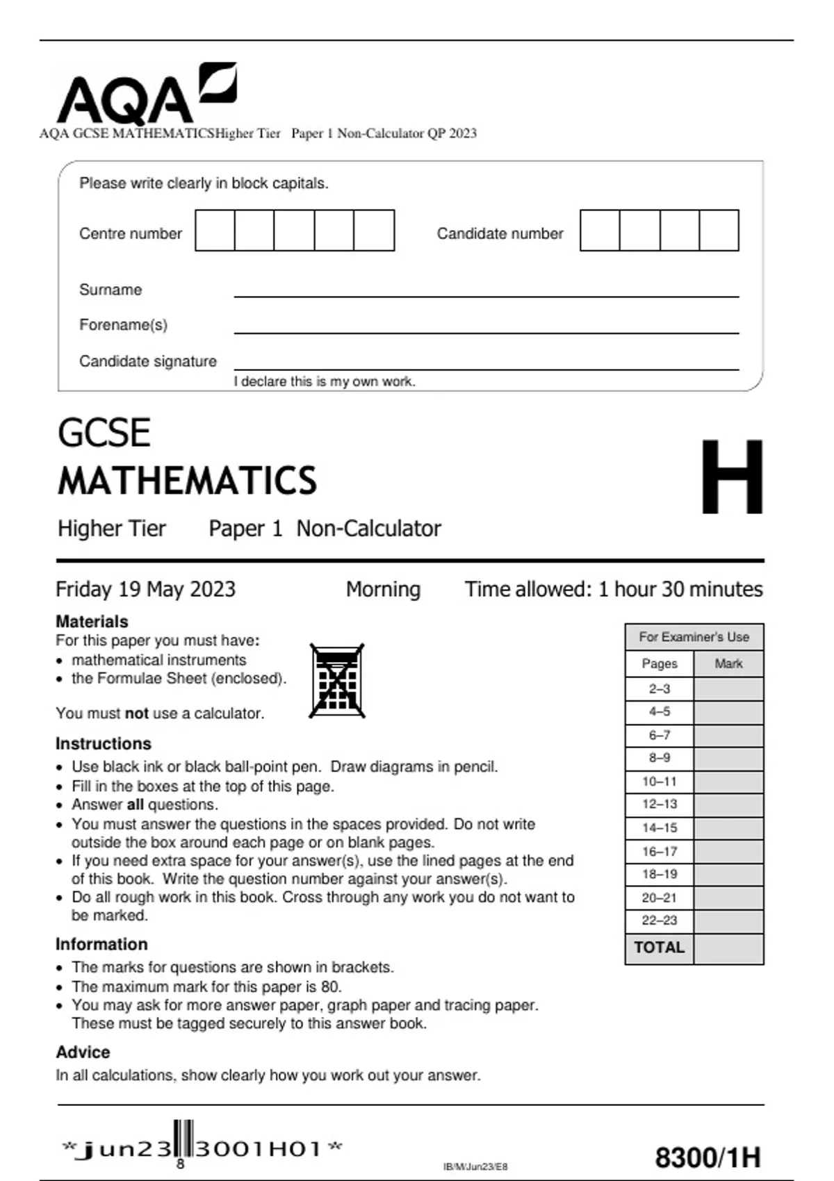 AQA GCSE MATHEMATICSHigher Tier Paper 1 Non-Calculator QP 2023 ACTUAL ...