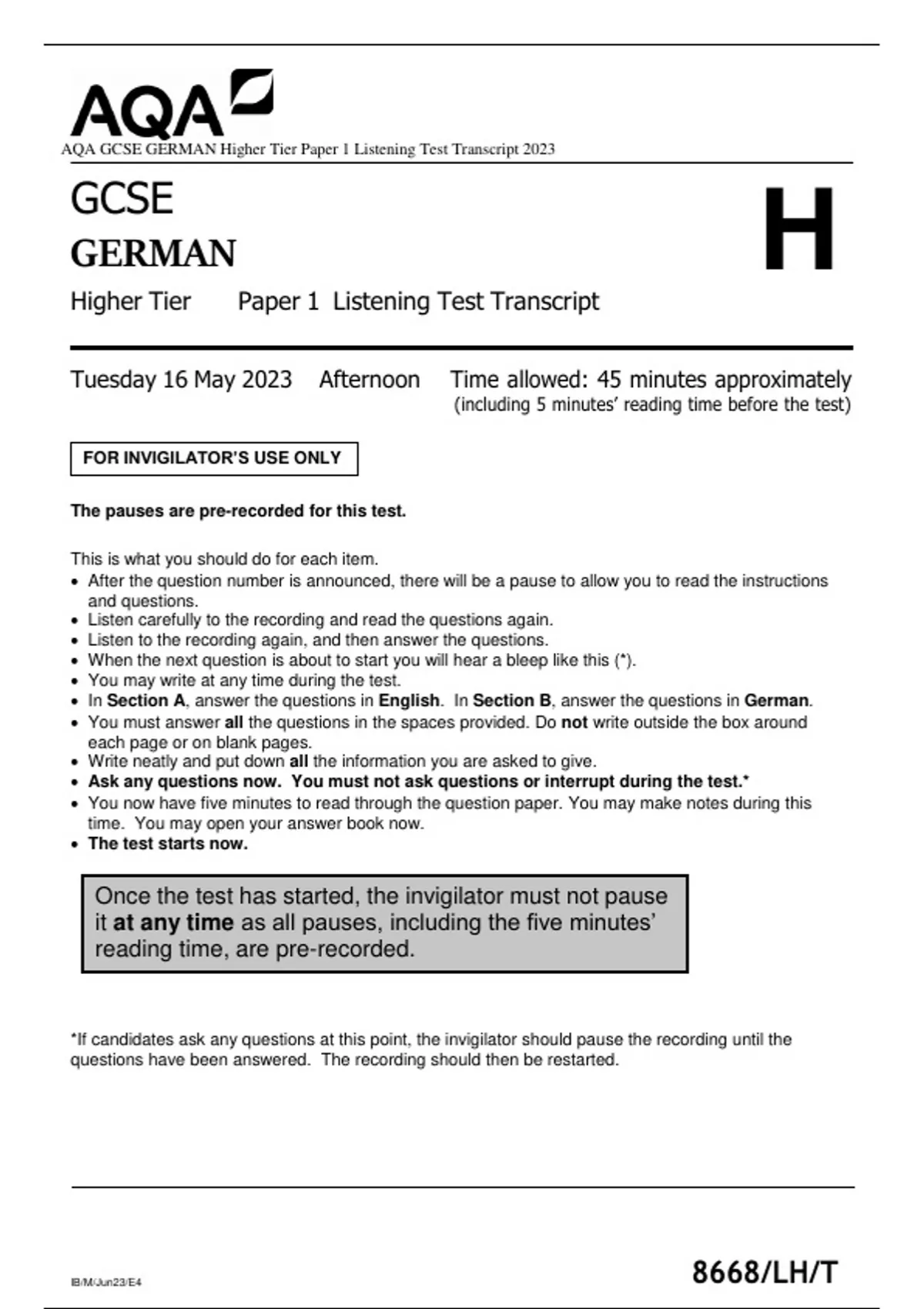 AQA GCSE GERMAN Higher Tier Paper 1 Listening Test Transcript 2023 ...
