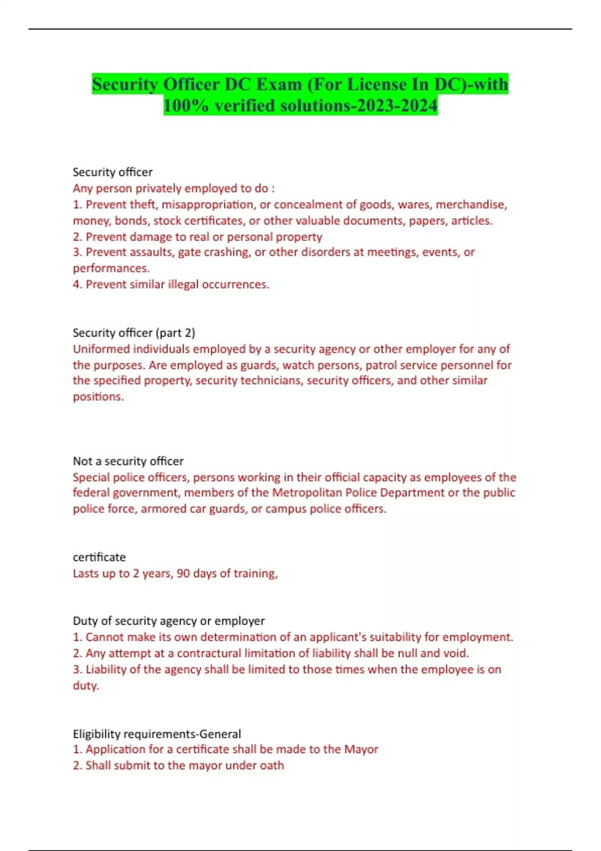 Security Officer DC Exam (For License In DC)-with 100% verified ...