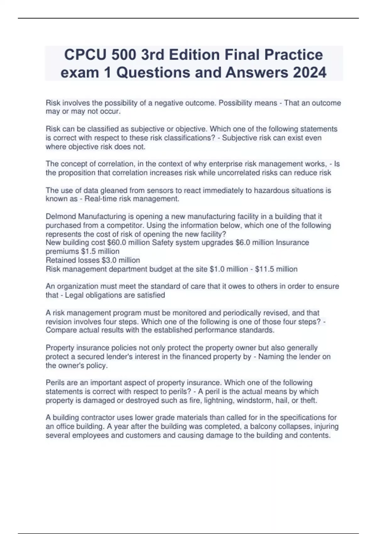 CPCU 500 3rd Edition Final Practice exam 1 Questions and Answers 2024 - CPCU 500 3rd Edition ...