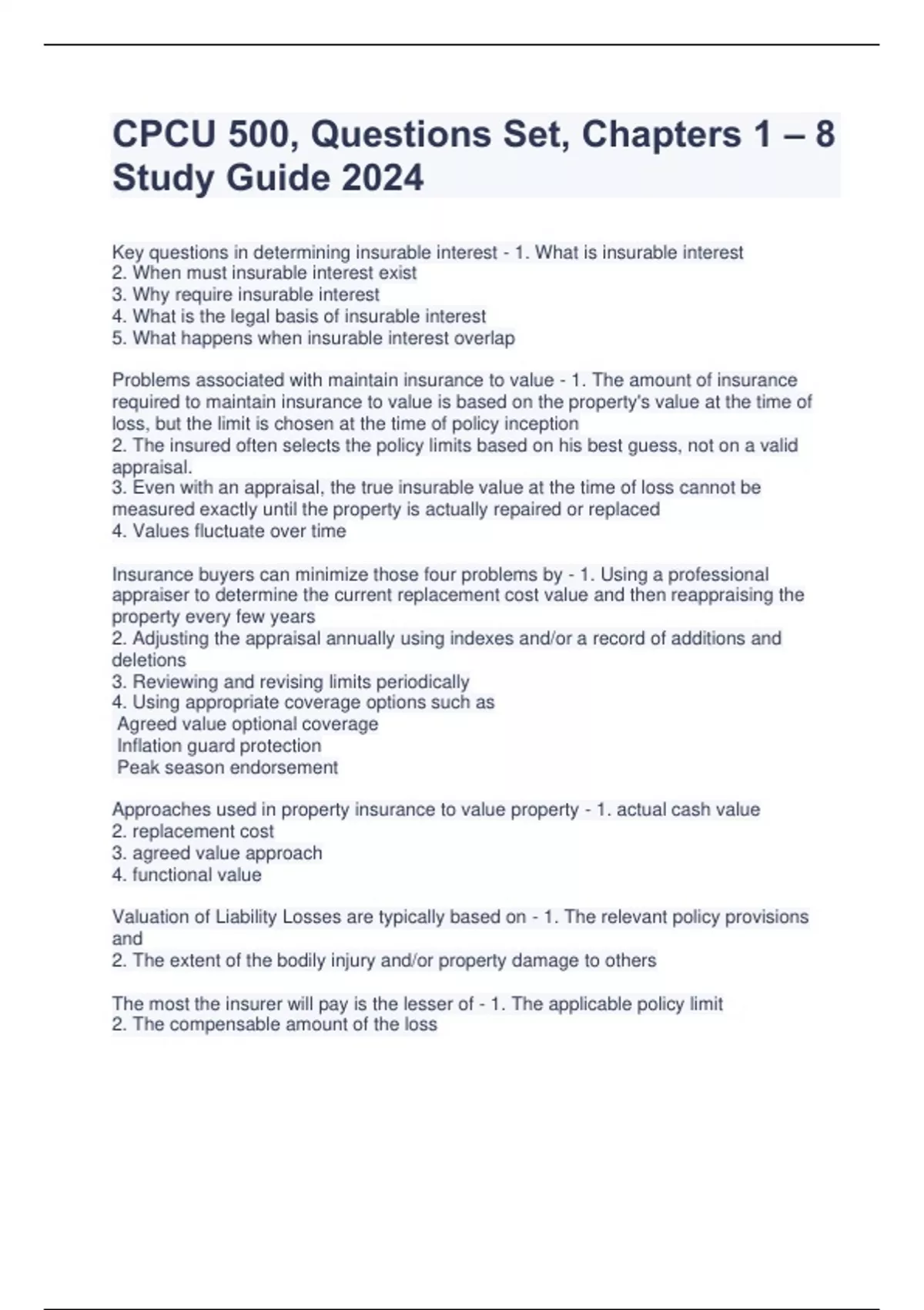 CPCU 500, Questions Set, Chapters 1 – 8 Study Guide 2024 - CPCU 500 ...