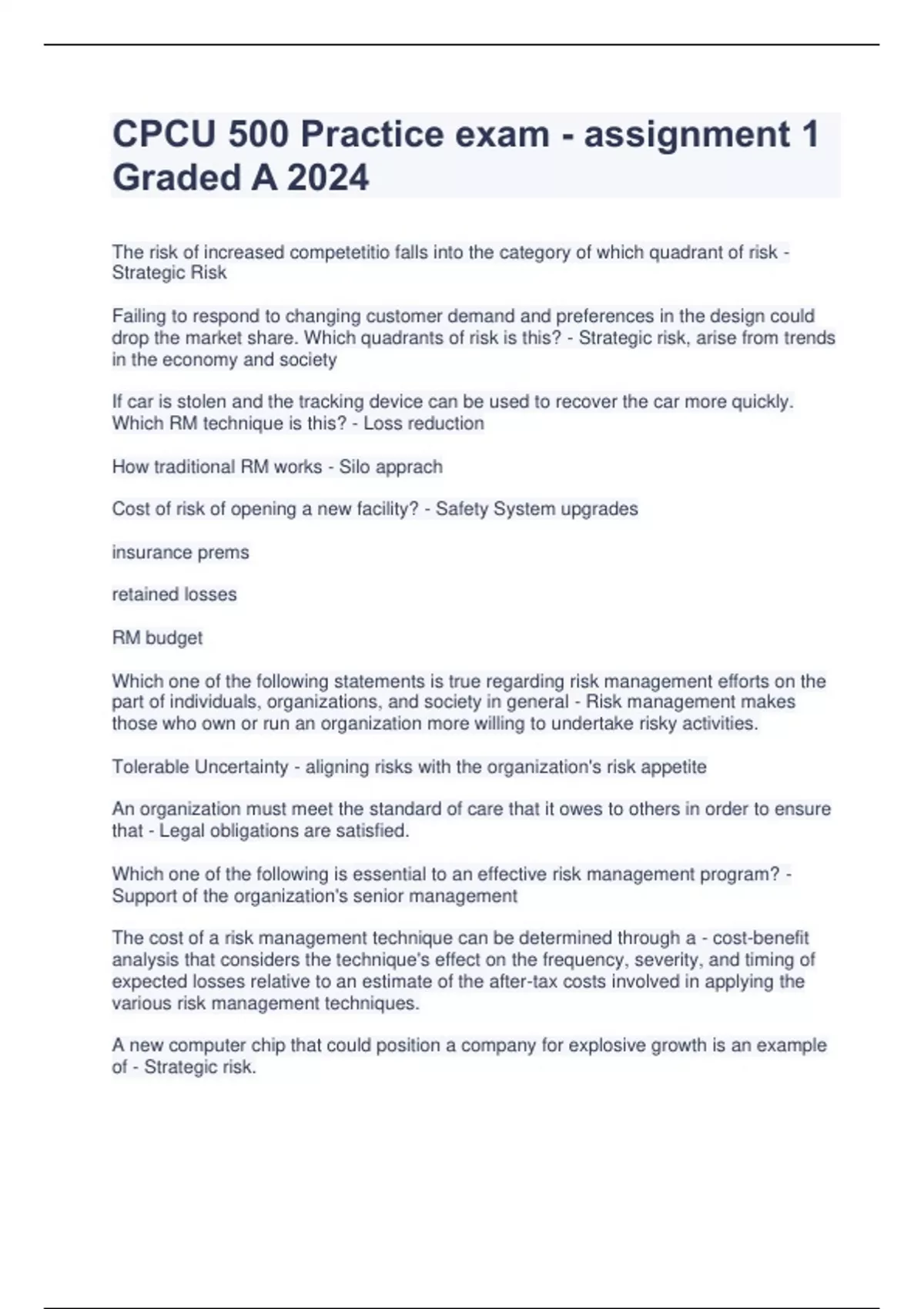 CPCU 500 Practice exam - assignment 1 Graded A 2024 - CPCU 500 - Stuvia US