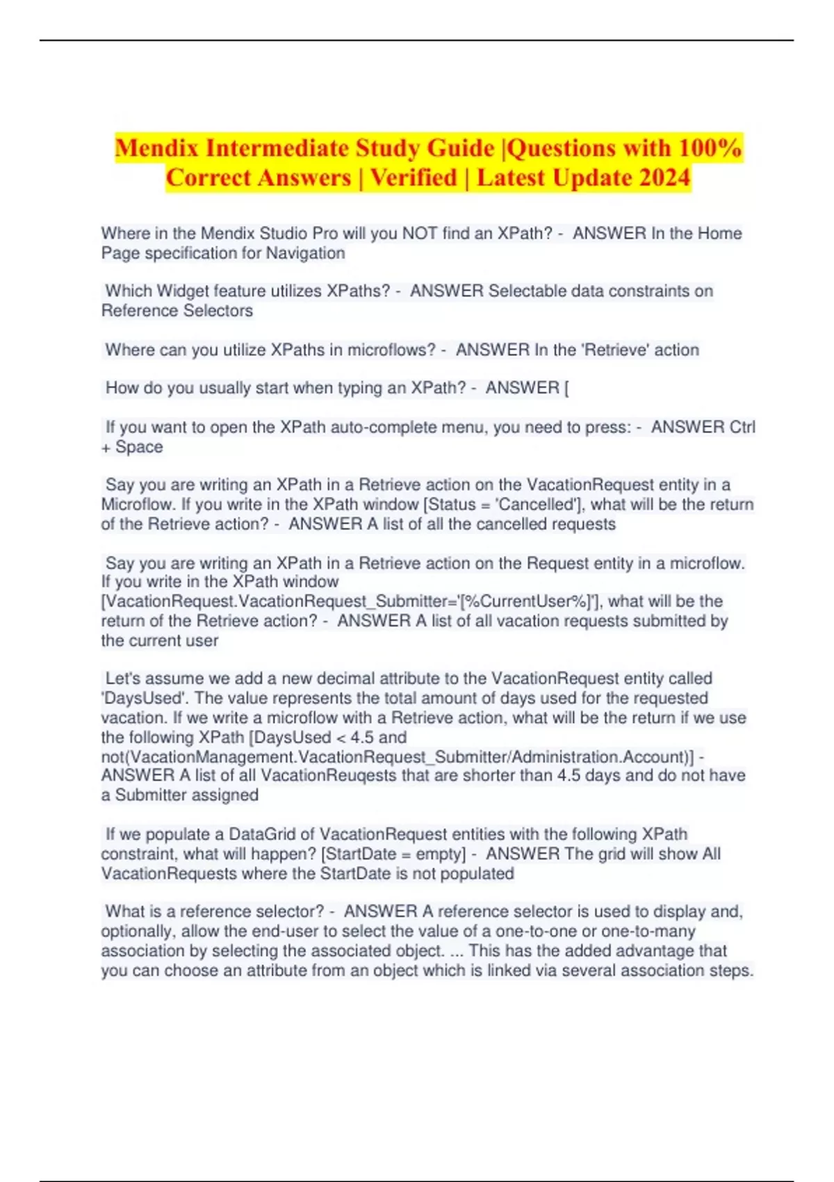 Mendix Intermediate Study Guide |Questions with 100% Correct Answers ...