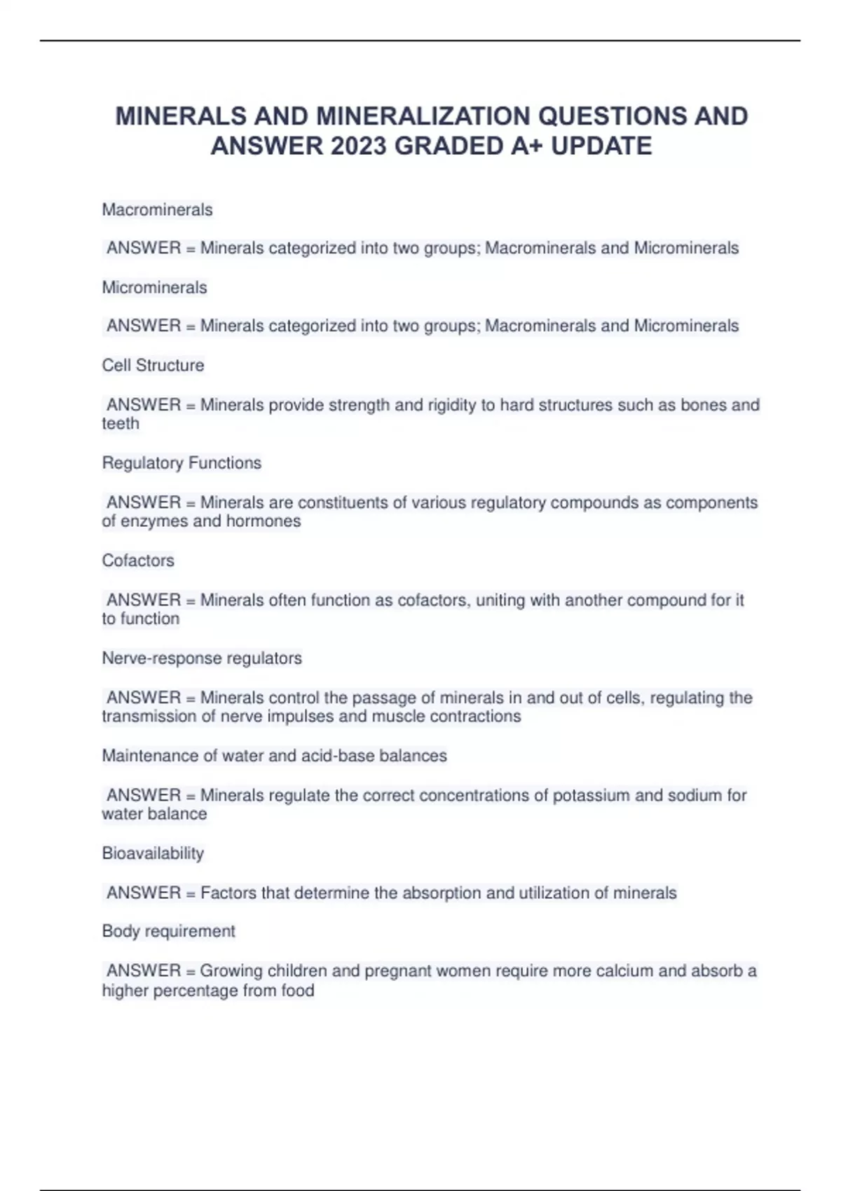 MINERALS AND MINERALIZATION QUESTIONS AND ANSWER 2023 GRADED A+ UPDATE ...