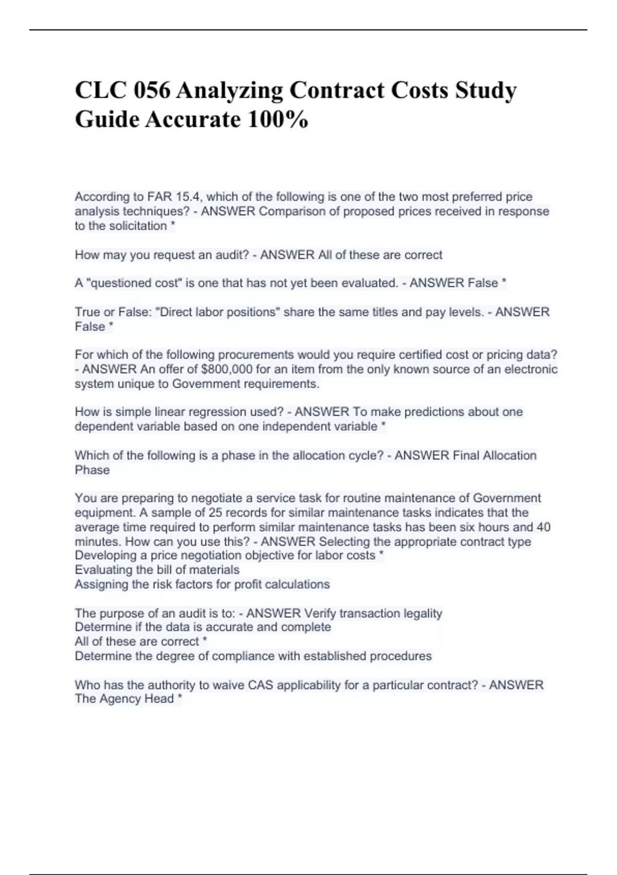 CLC 056 Analyzing Contract Costs Study Guide Accurate 100% - CLC 056 ...