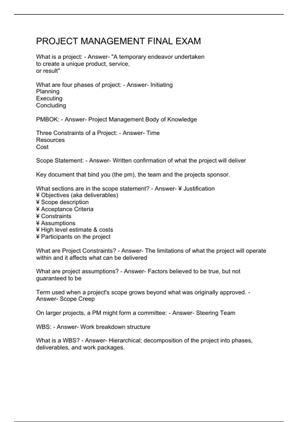 PROJECT MANAGEMENT FINAL EXAM - PROJECT MANAGEMENT - Stuvia US