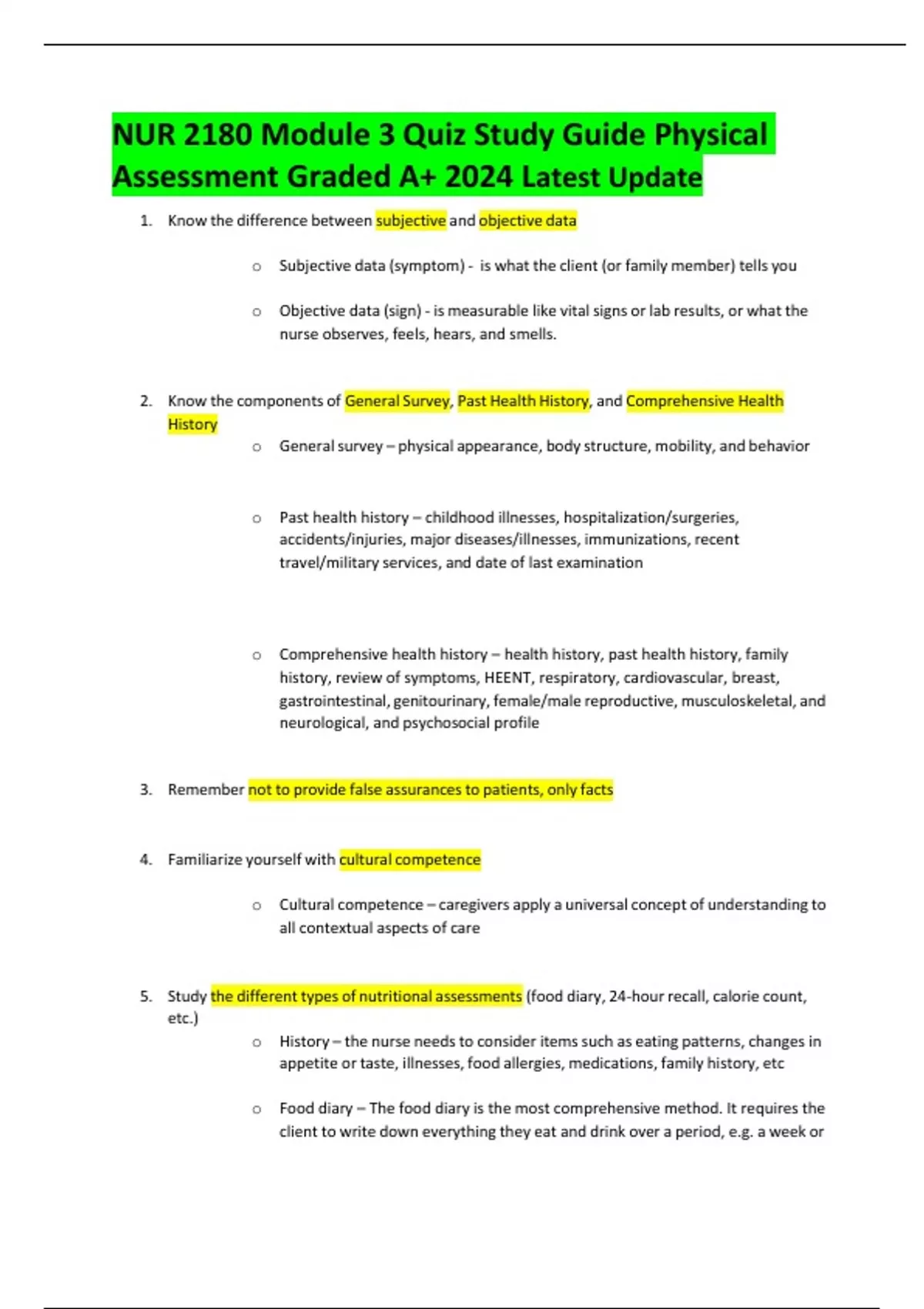NUR 2180 Module 3 Quiz Study Guide Physical Assessment Graded A+ 2024 ...