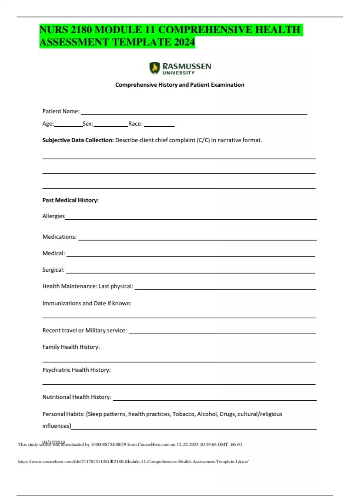 NURS 2180 MODULE 11 COMPREHENSIVE HEALTH ASSESSMENT TEMPLATE 2024 ...